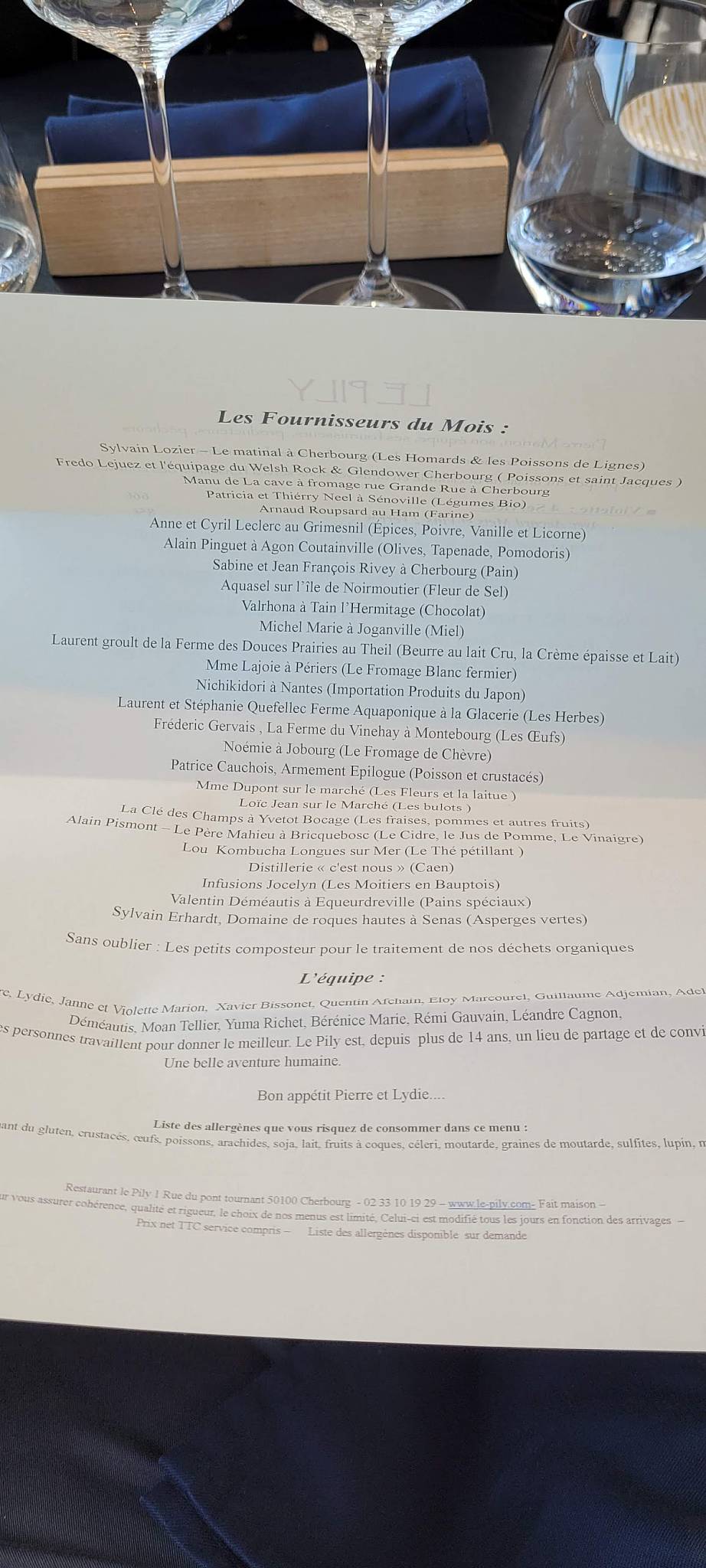 Menu at Le Pily restaurant, Cherbourg