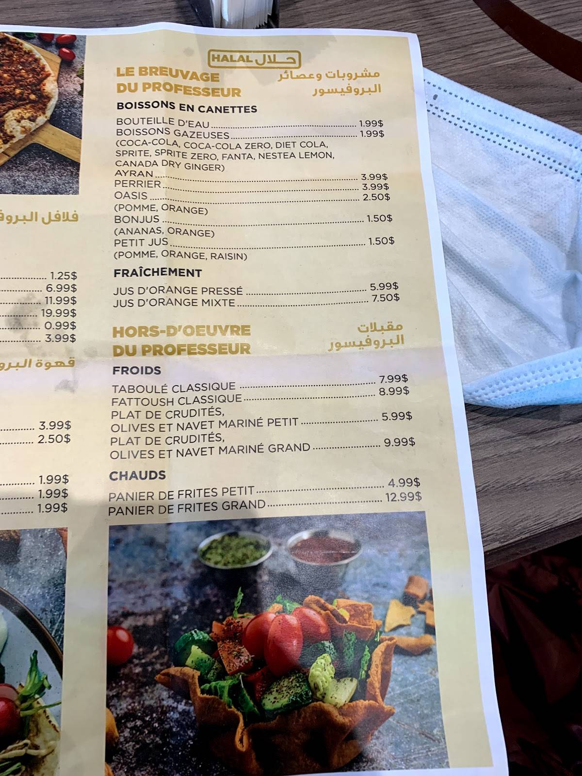Menu at Restaurant Le Professeur, Montréal