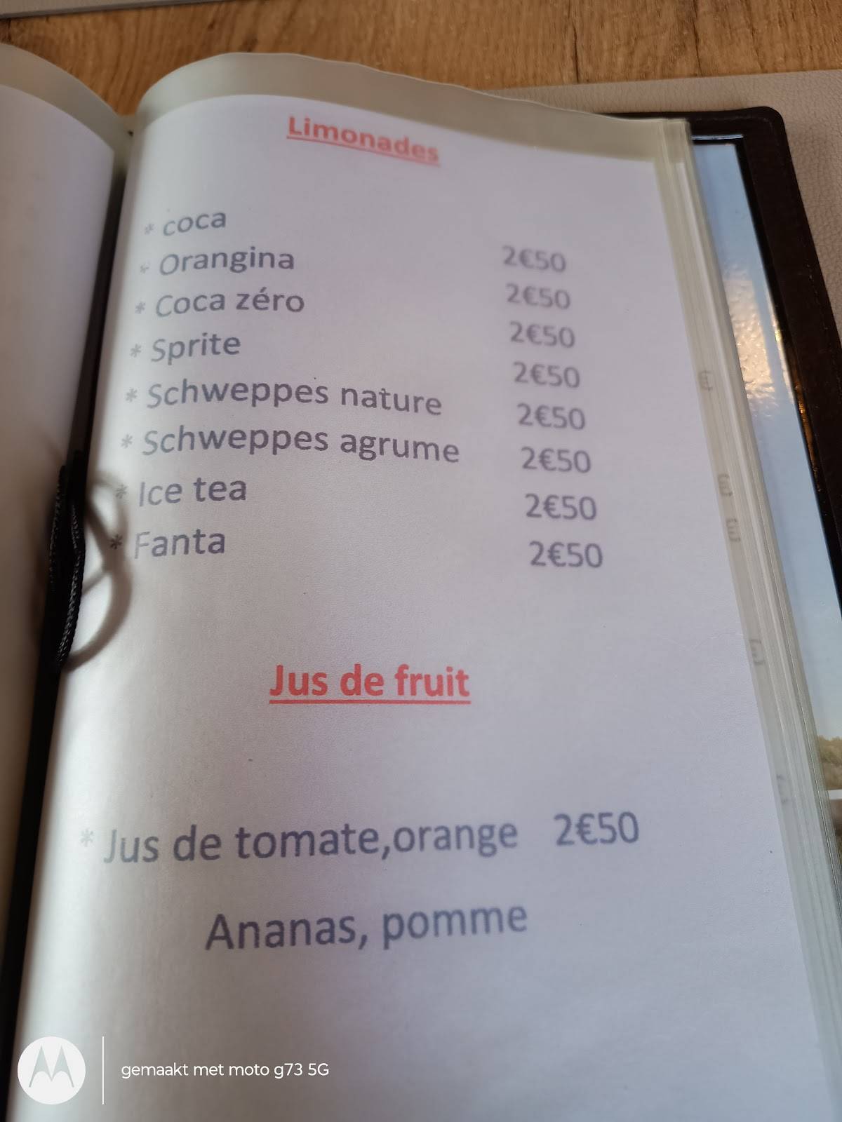 Menu at Le Relais des Dunes, De Panne