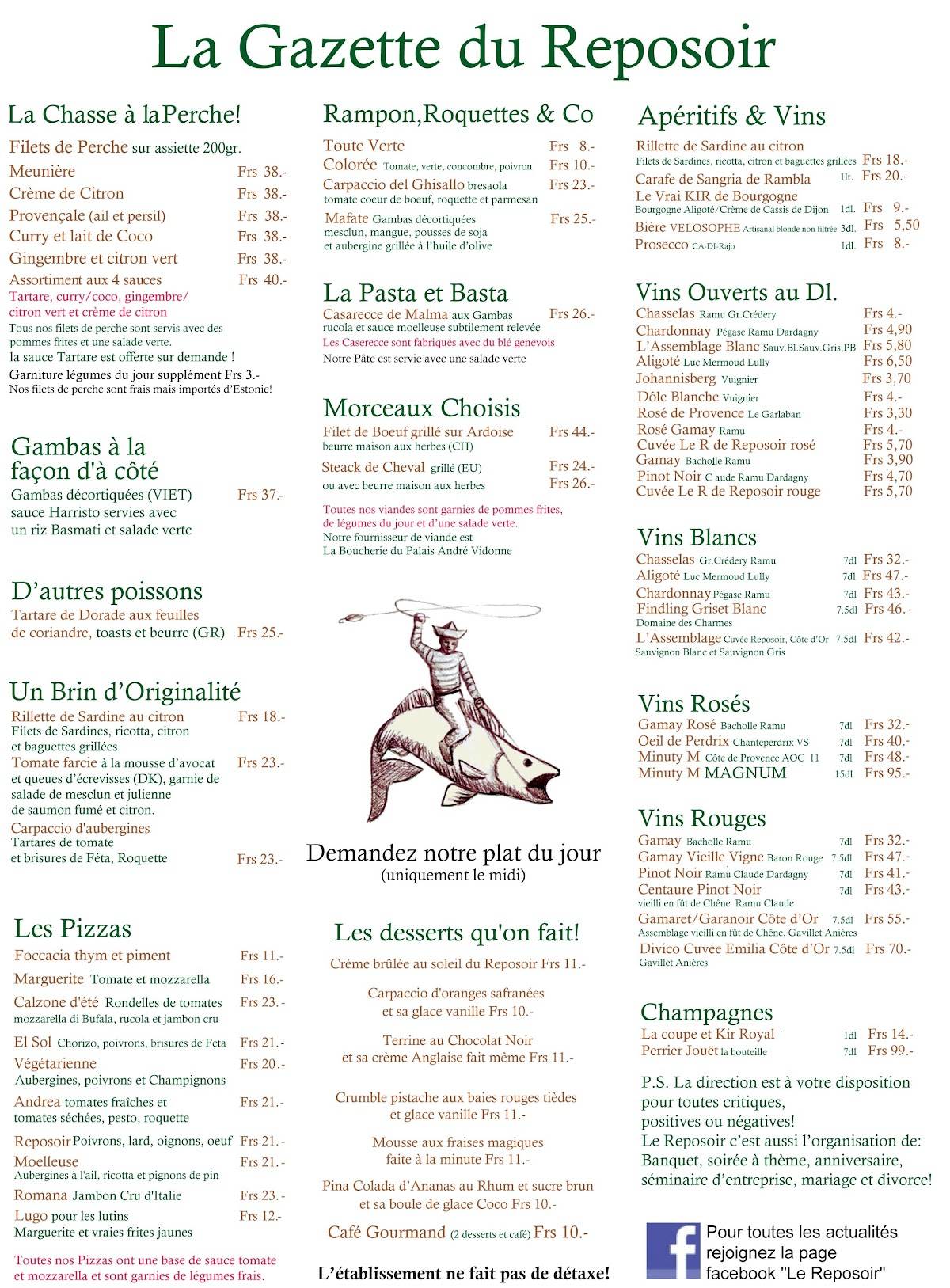 Menu au Restaurant de la plage Le Reposoir, Pregny-Chambésy, Rte de ...