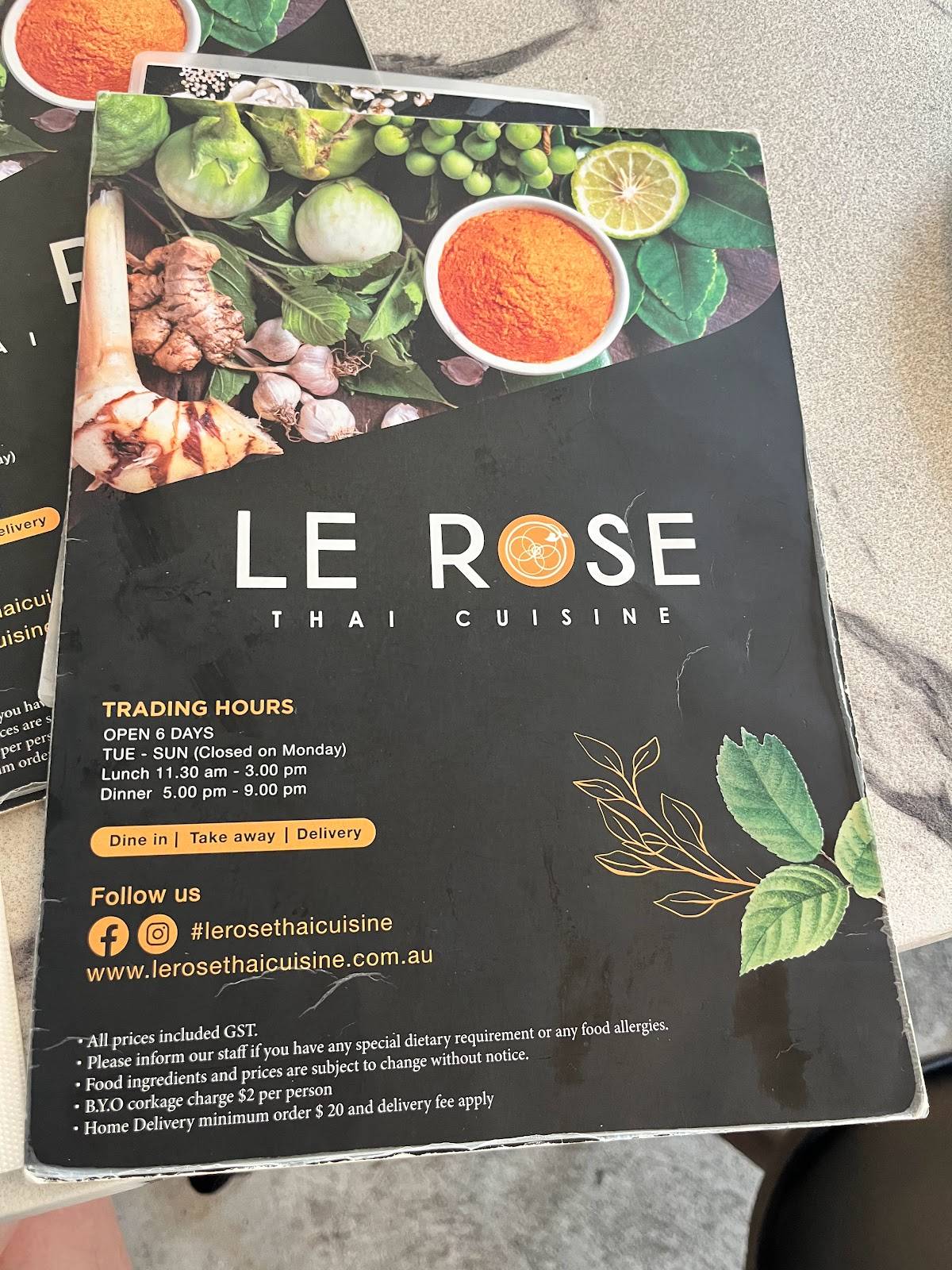 Menu at Le Rose Thai Cuisine restaurant, Tarrawanna