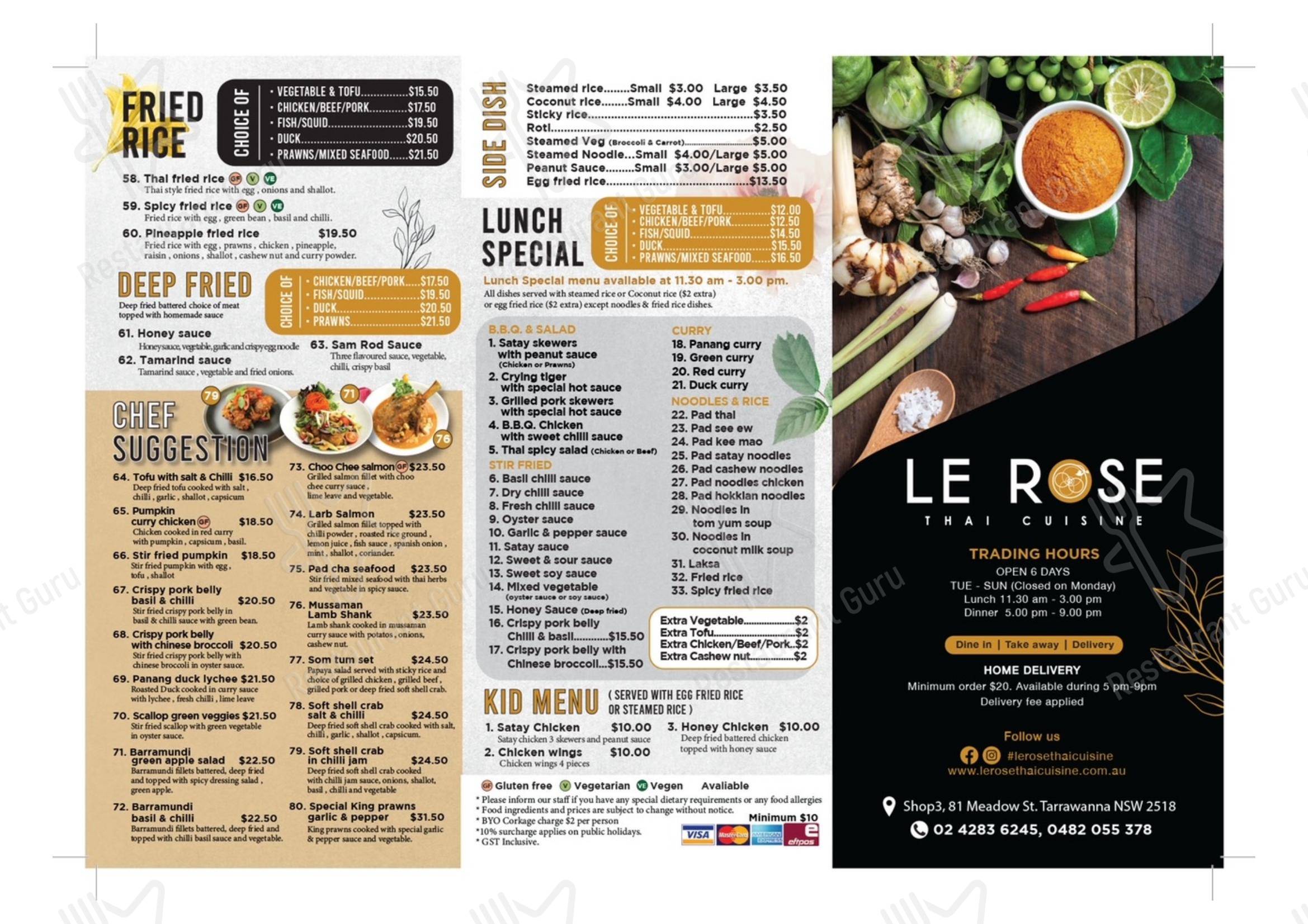 Menu at Le Rose Thai Cuisine restaurant, Tarrawanna