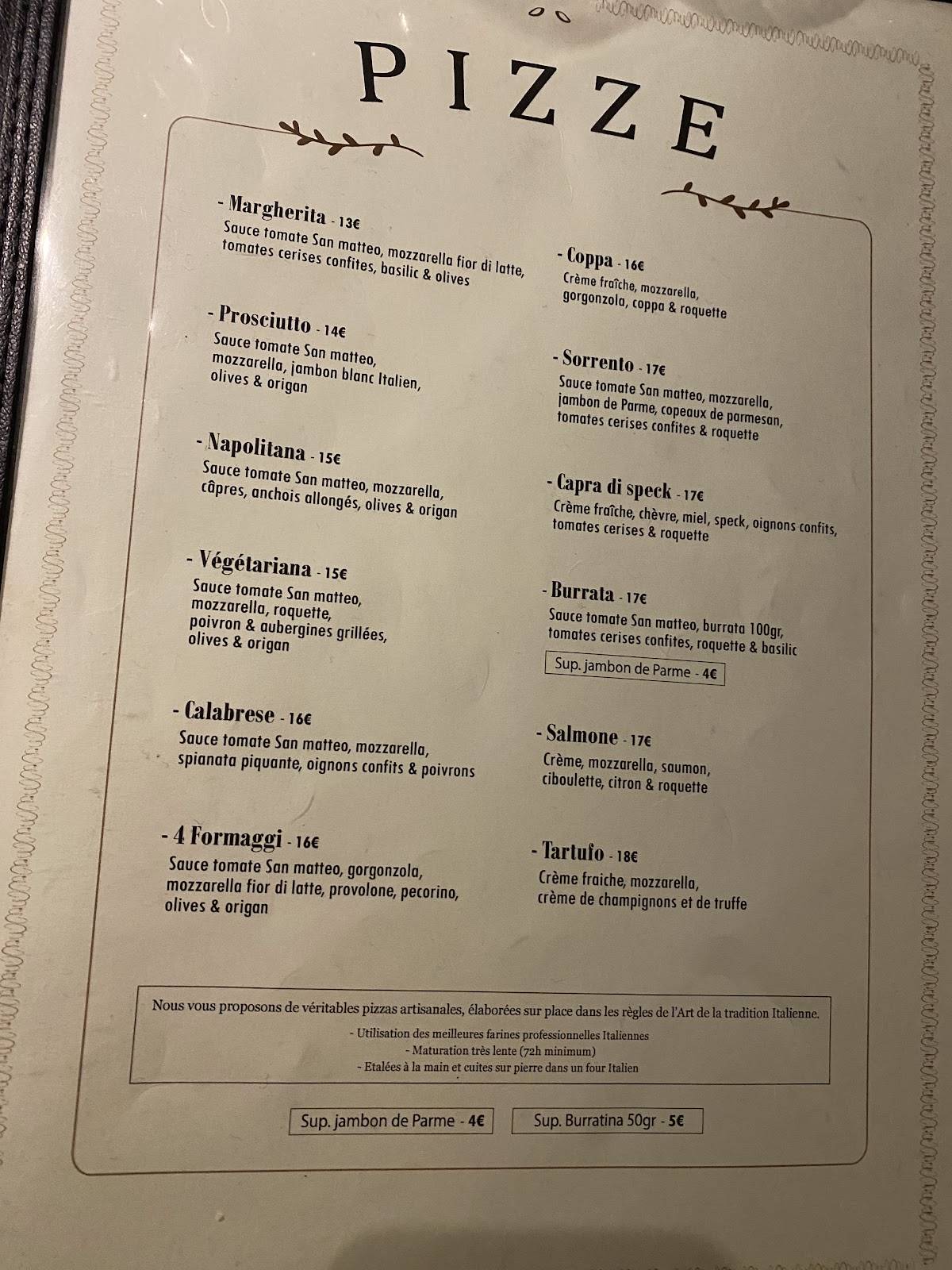 Menu au Le Sorrento restaurant, Cognac