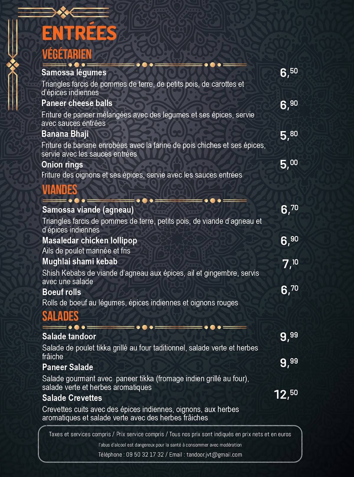 Menu au Le Tandoor Restaurant Indien, Strasbourg