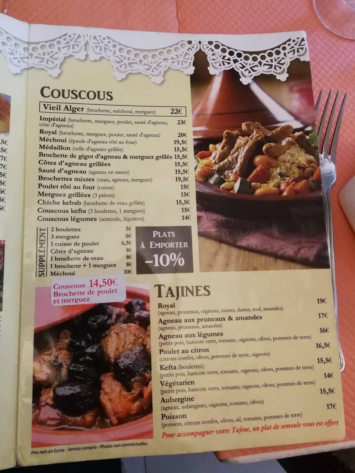 Menu au Le Vieil Alger restaurant, Paris