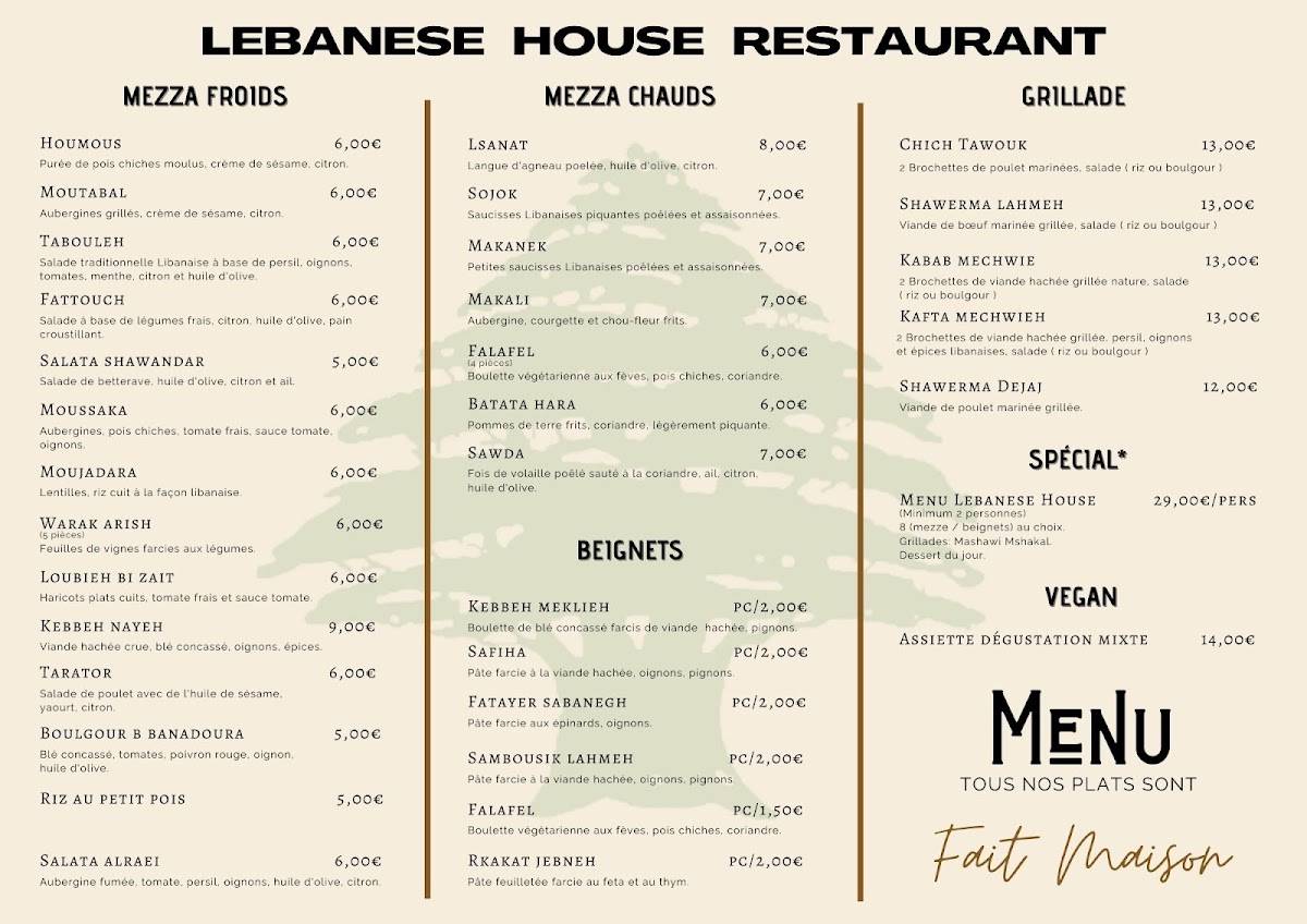 Menu at Lebanese House, Jette