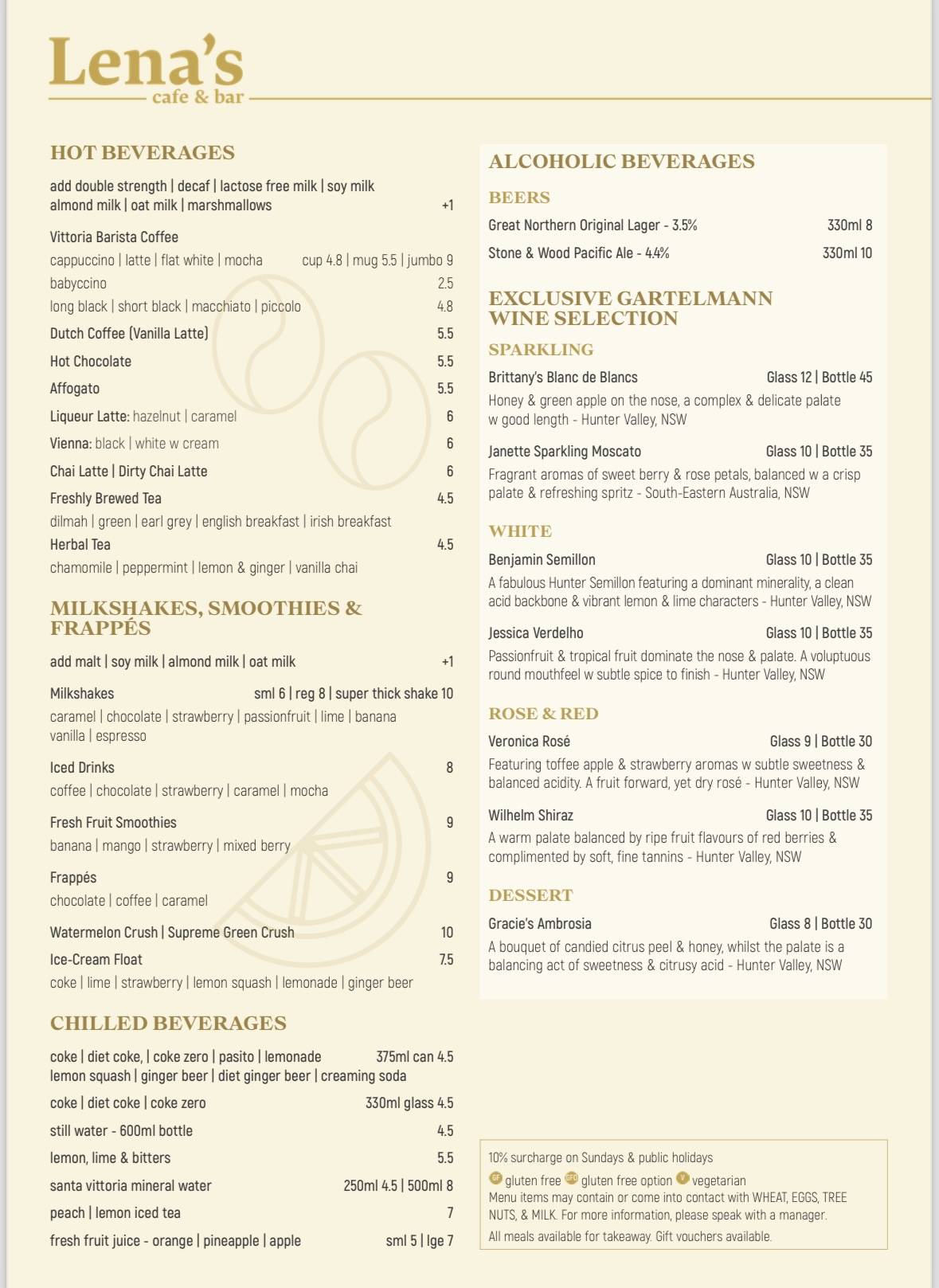 Menu at Lena's Cafe and Bar, Warners Bay
