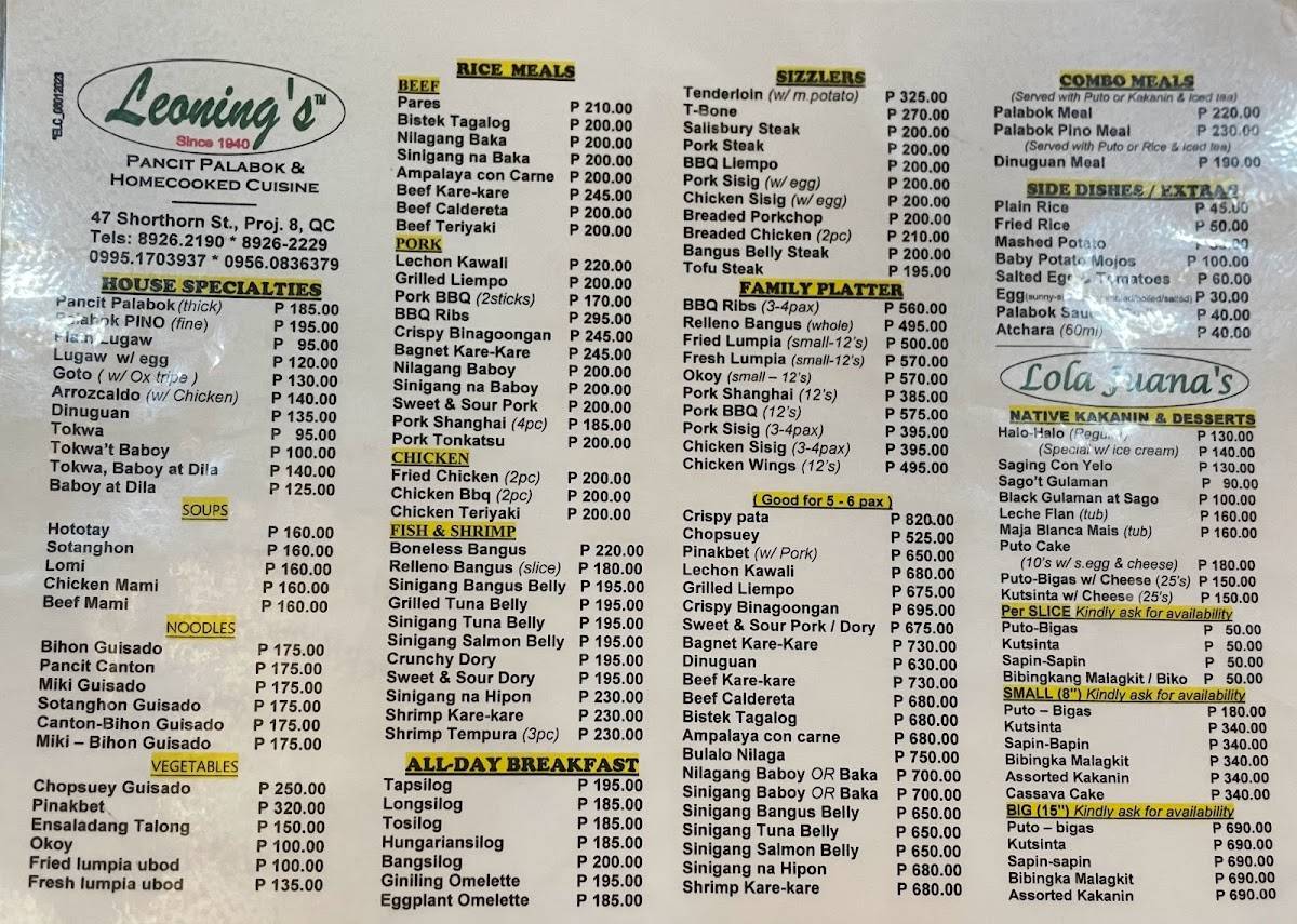 Menu at Leoning's Pancit Palabok restaurant, Quezon City, 1106 Shorthorn St