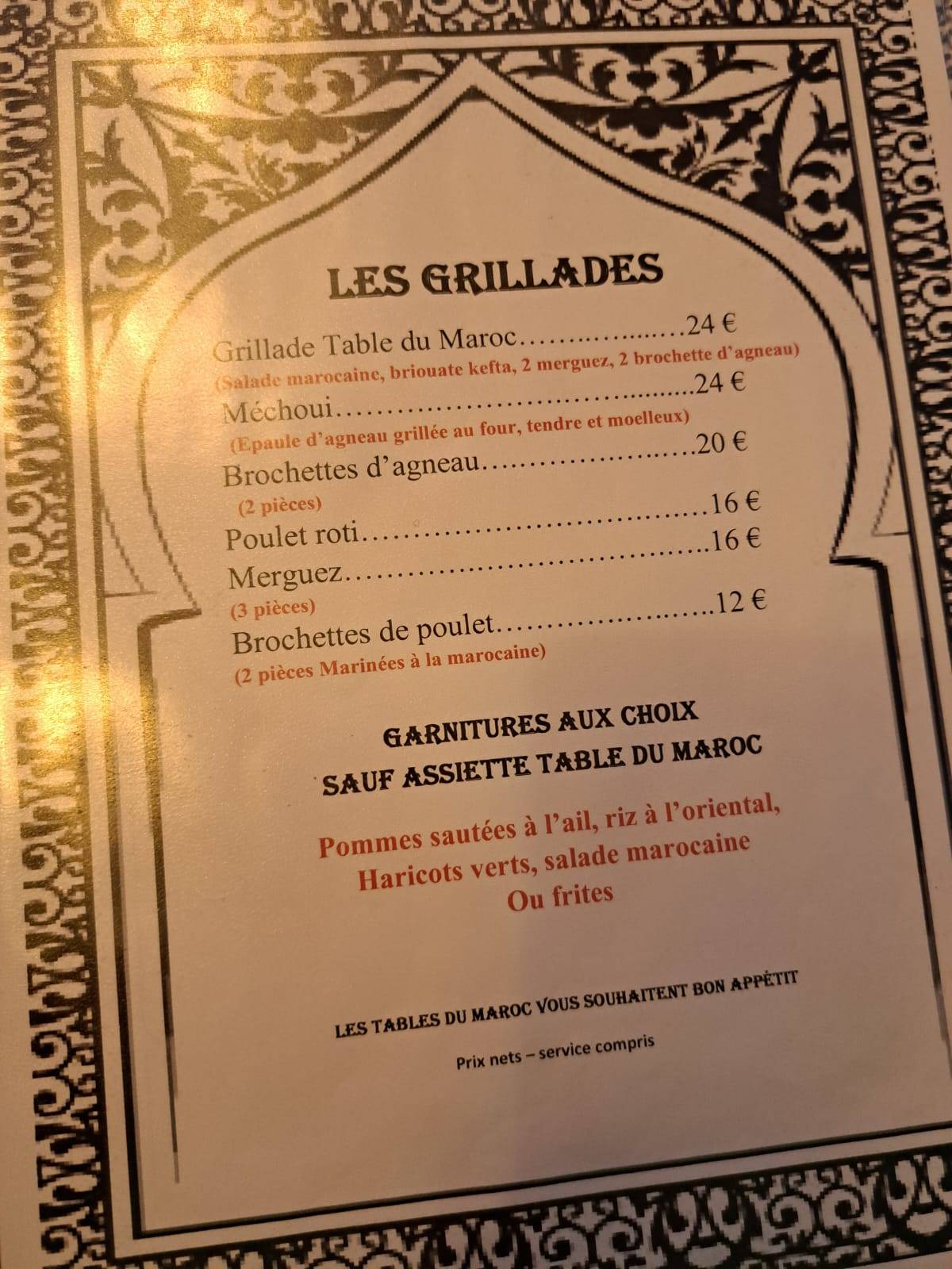 Carta de Restaurant Les Tables du Maroc, Aubervilliers