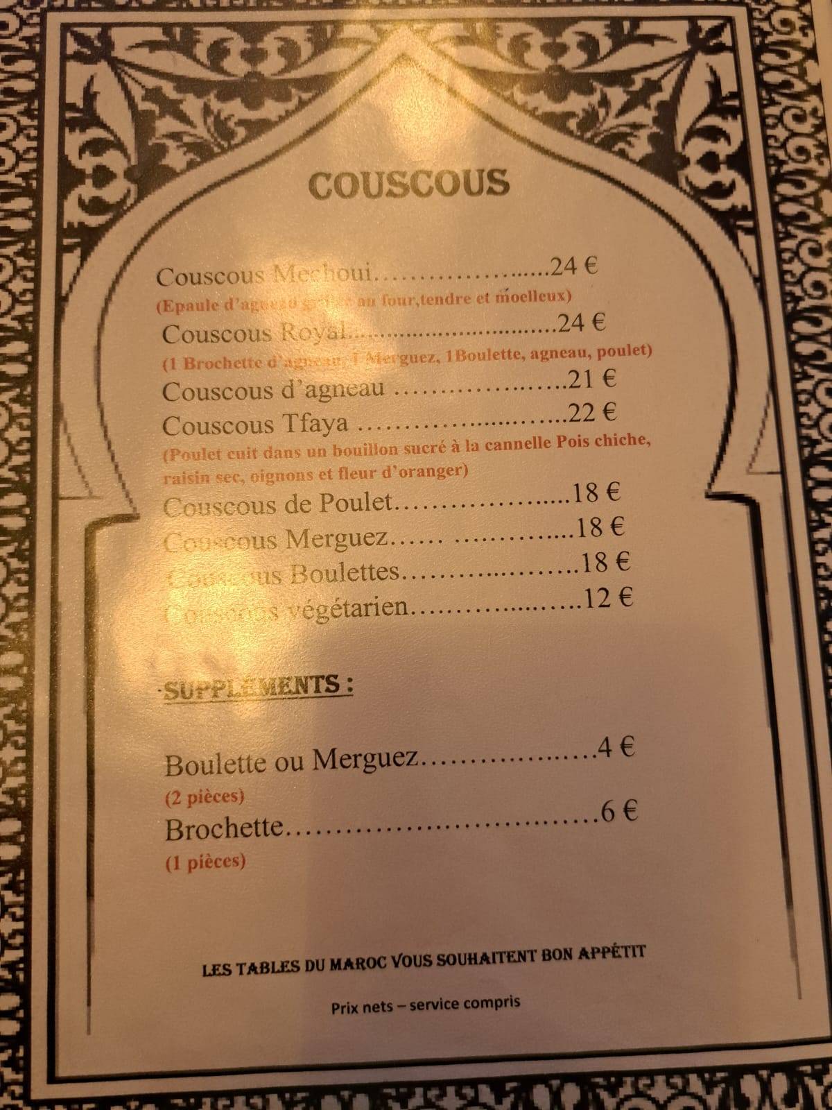Carta de Restaurant Les Tables du Maroc, Aubervilliers