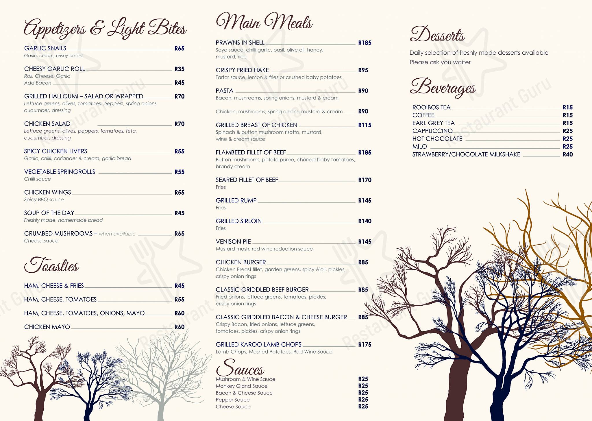 Menu at Letsatsi Game Lodge, South Africa