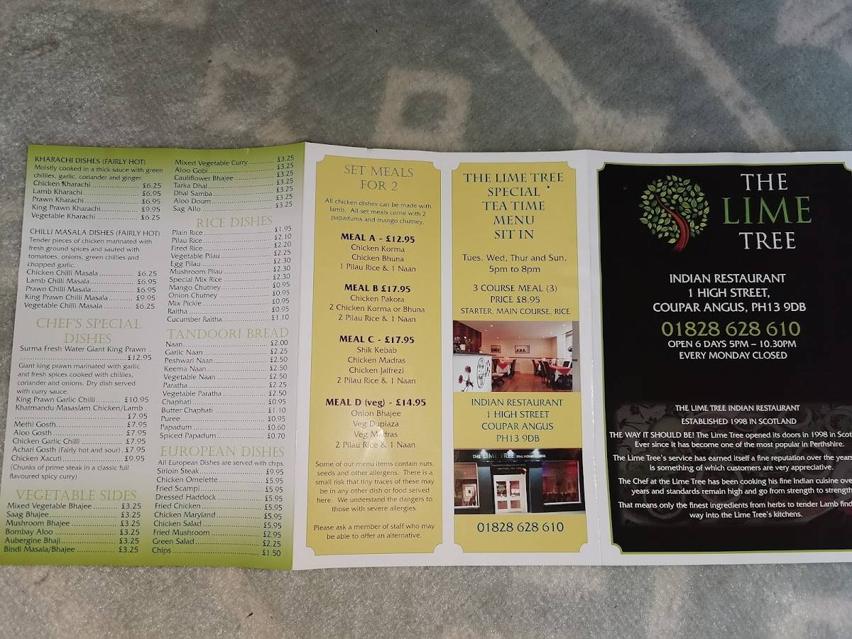 Menu at Lime Tree Indian Cuisine restaurant, Coupar Angus
