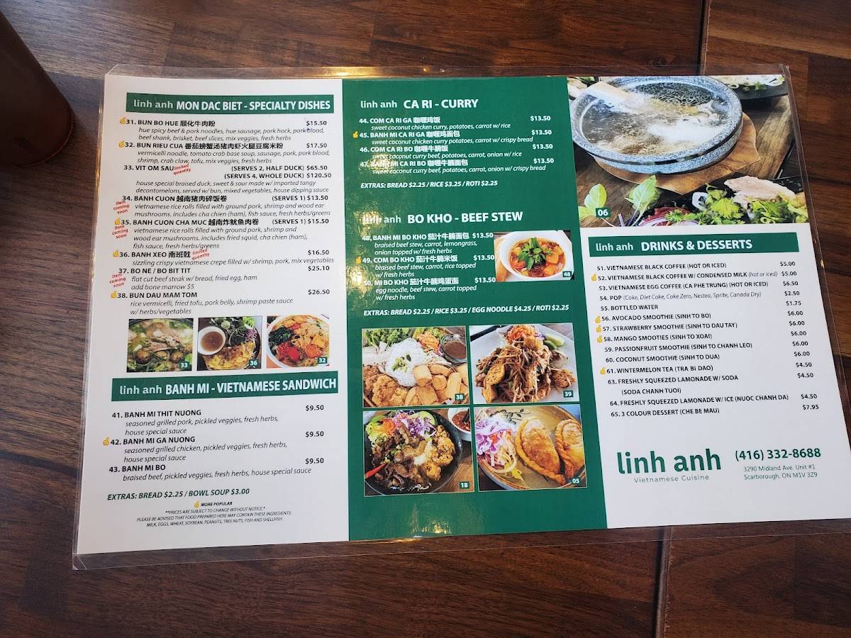 Menu au Linh Anh Vietnamese Cuisine restaurant, Toronto, Midland Ave Unit 1