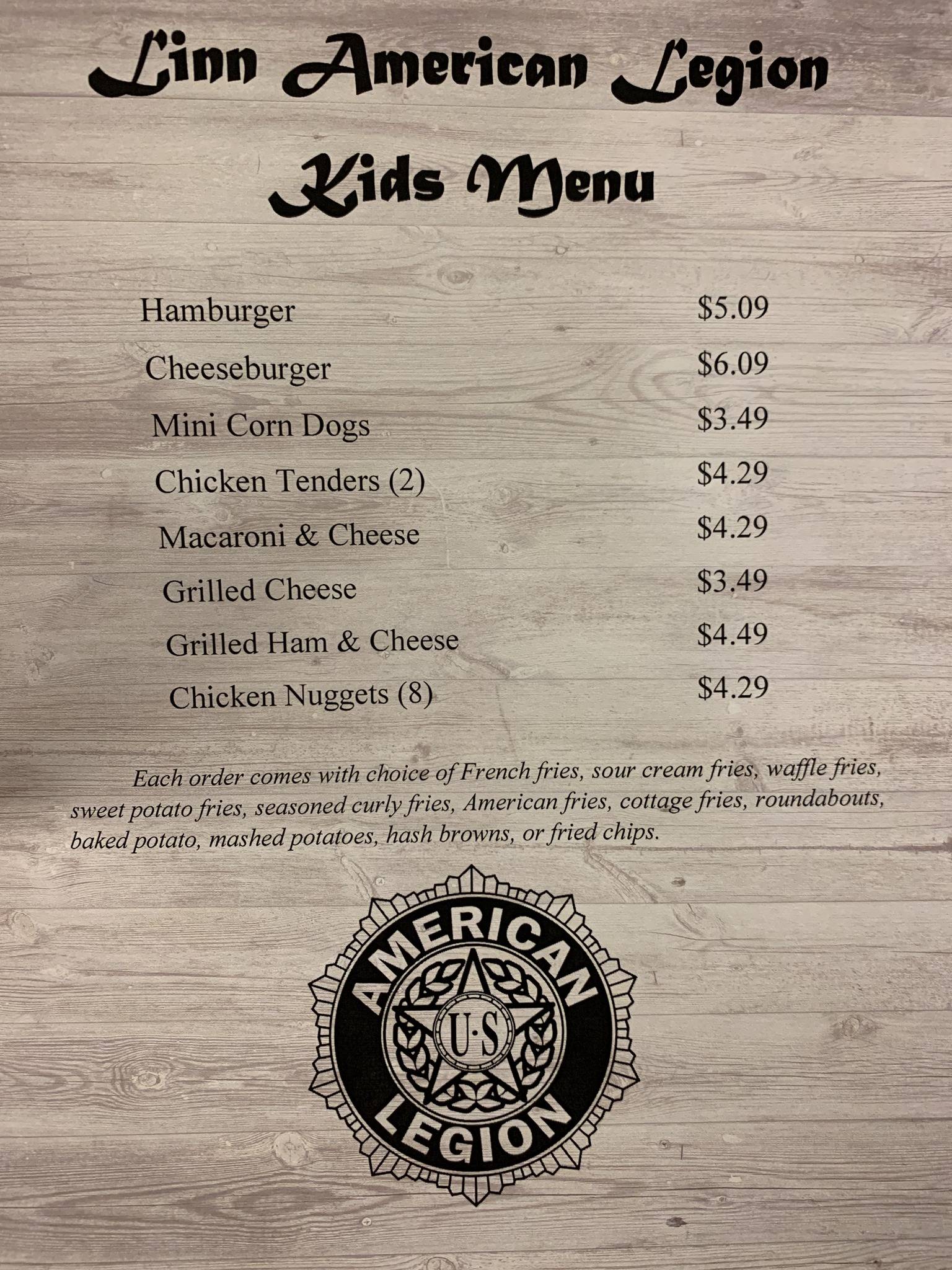 Menu at Linn American Legion restaurant, Linn