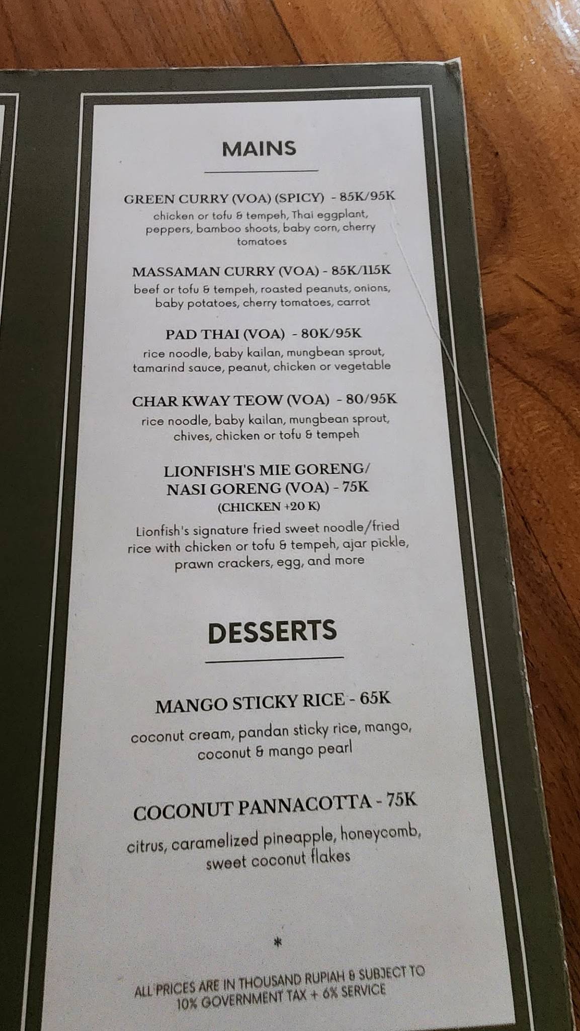 Menu at Lionfish restaurant, Lembongan