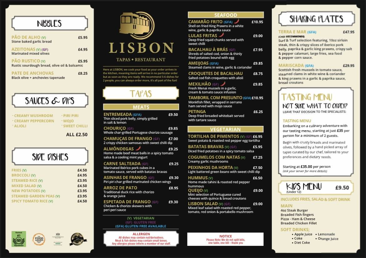 Menu at Lisbon Tapas Restaurant, Wrexham
