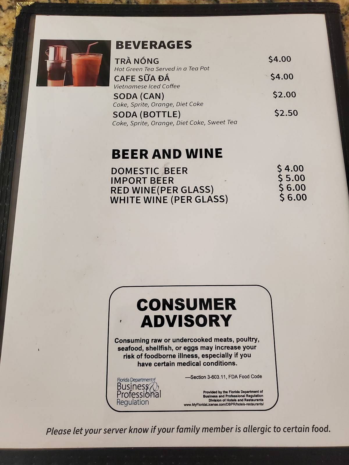 Menu at Little Saigon Bistro restaurant, Sarasota