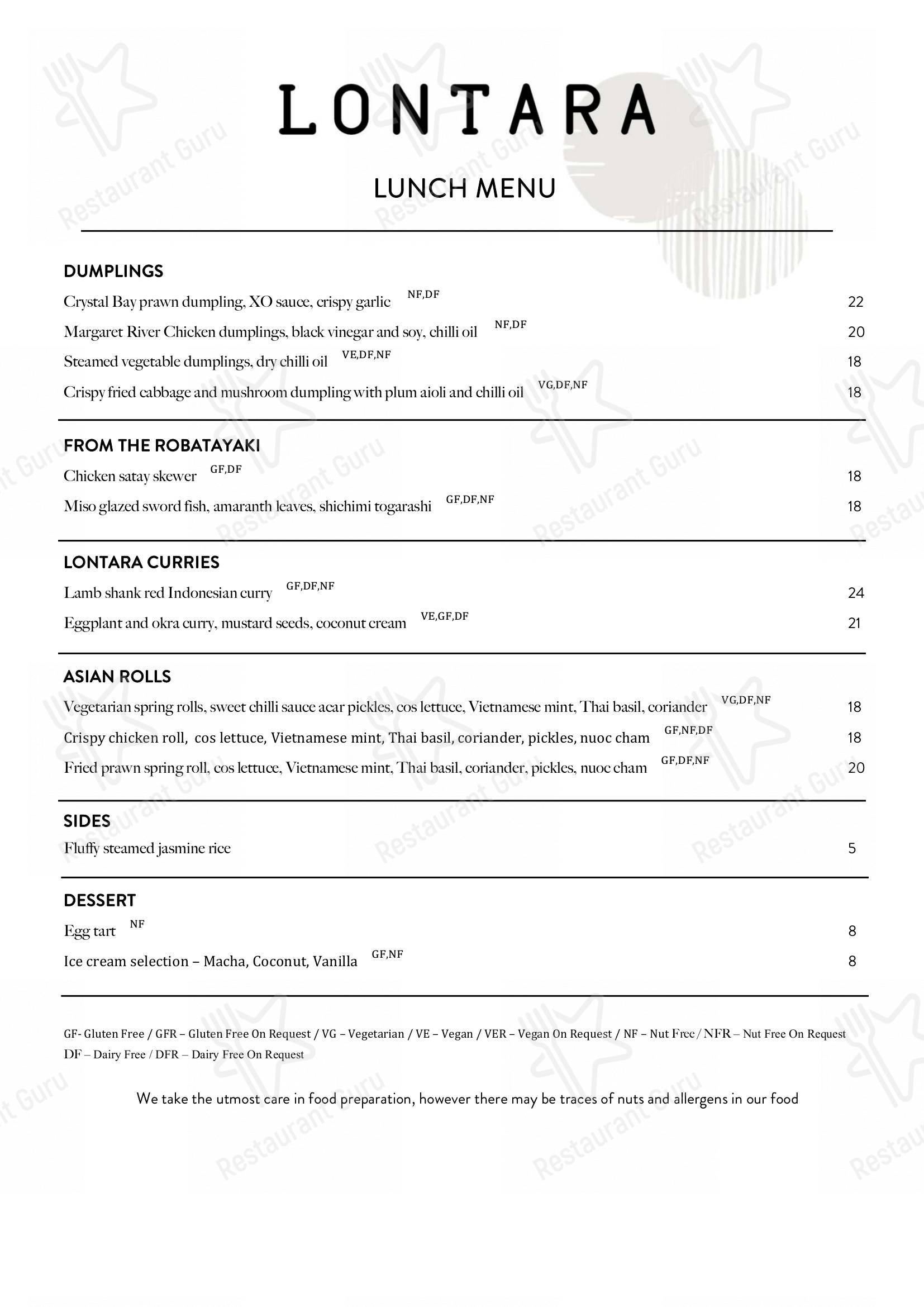 Menu at Lontara pub & bar, Rottnest Island