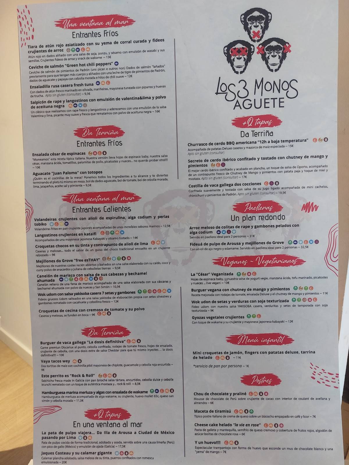 Carta del restaurante Los 3 Monos Aguete, Marín