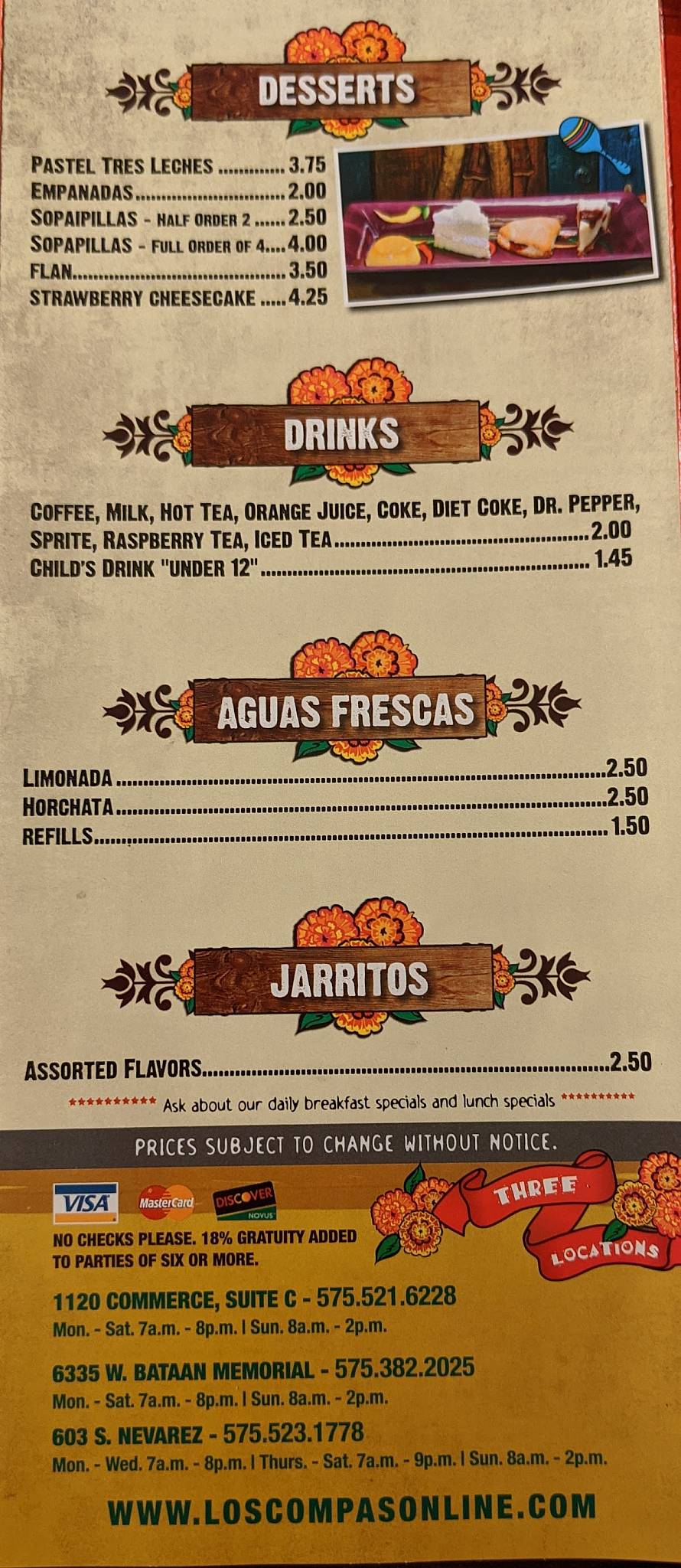 Menu at Los Compas Restaurant, Las Cruces, Commerce Dr # C