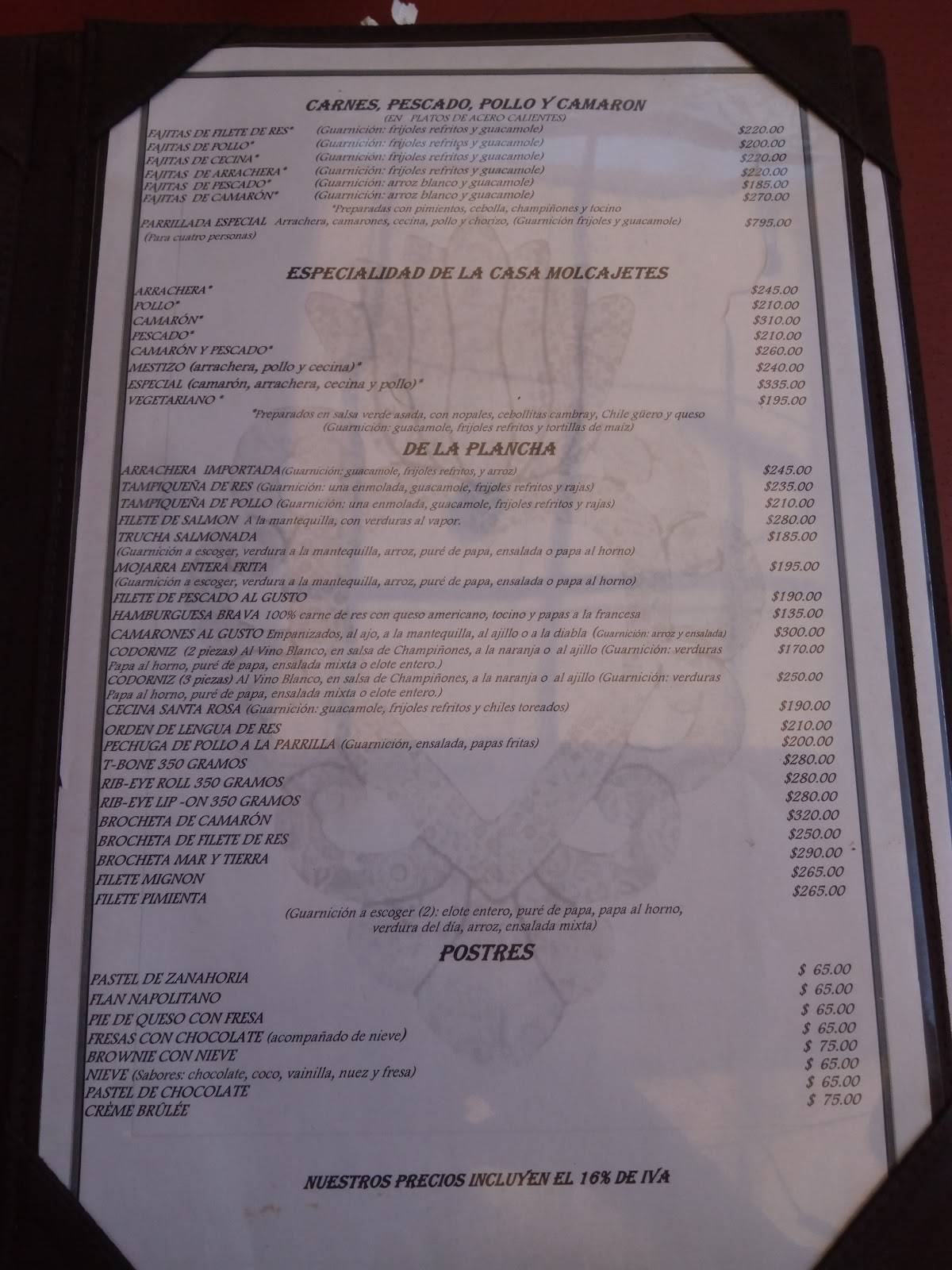 Menu at Los Milagros restaurant, San Miguel de Allende, Relox 17