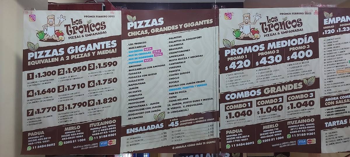 Carta del restaurante Los Troncos Padua, San Antonio del Padua