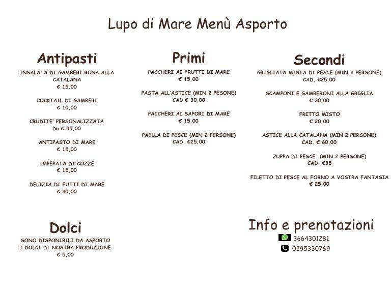 Menu at Lupo di mare restaurant, Bussero