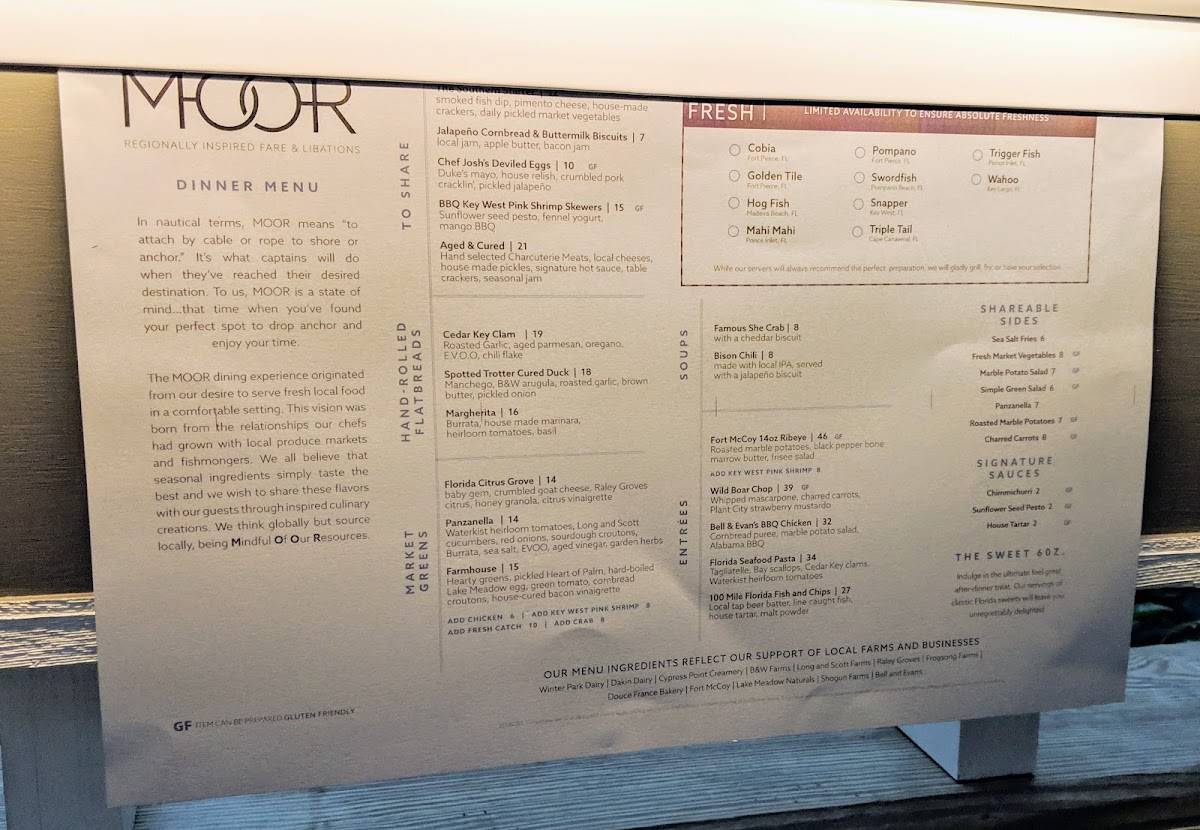 Menu at MOOR restaurant, Kissimmee