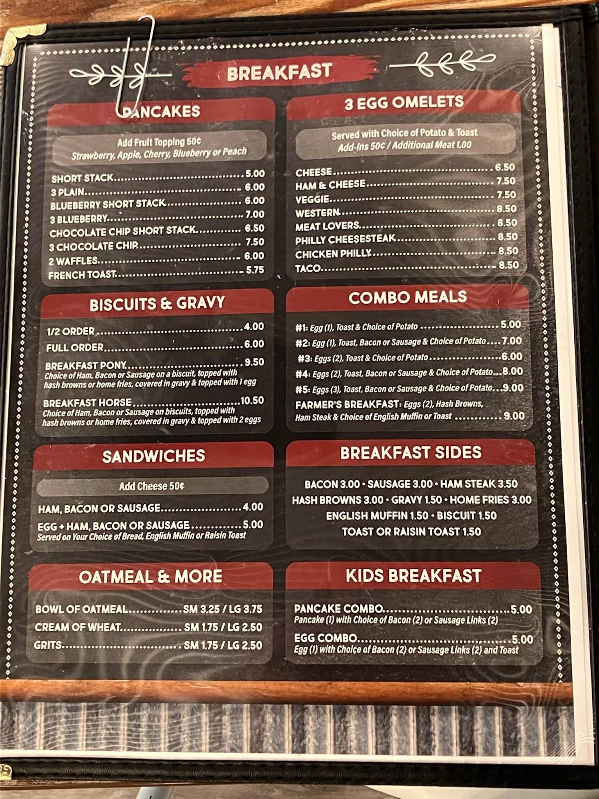 Menu at Mac's Diner restaurant, Witt