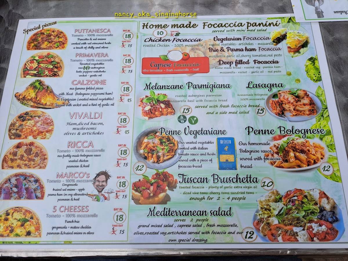 Menu at Marco's café restaurant, Hebden Bridge