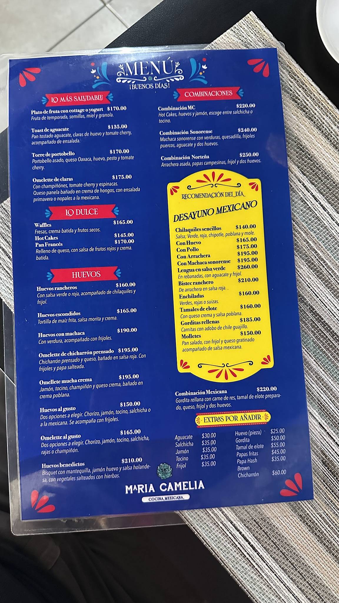 Carta de Maria Camelia Restaurante- Suc. Blvd., Ensenada