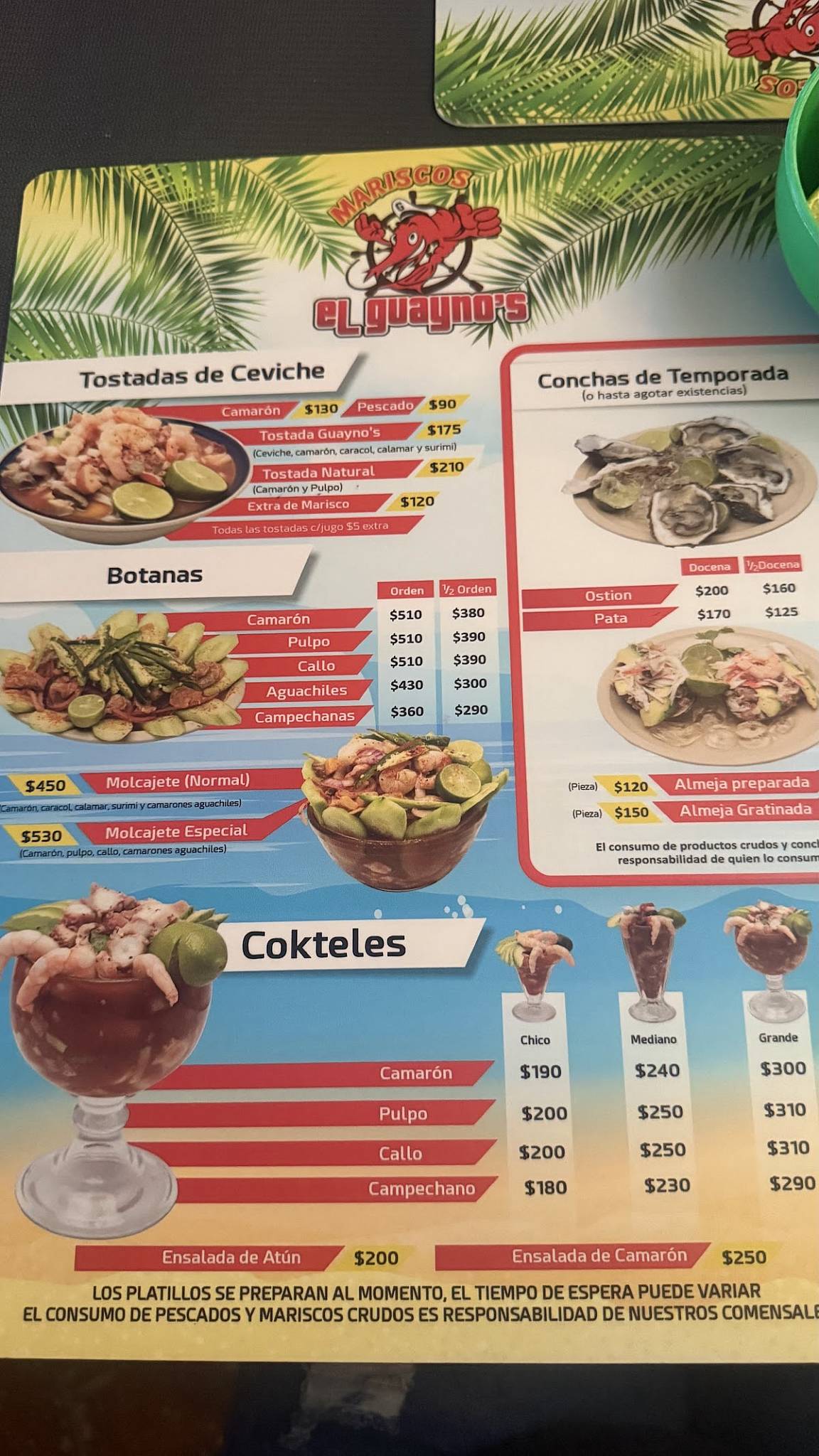 Carta del restaurante Mariscos El Guaynos 2, Mexicali
