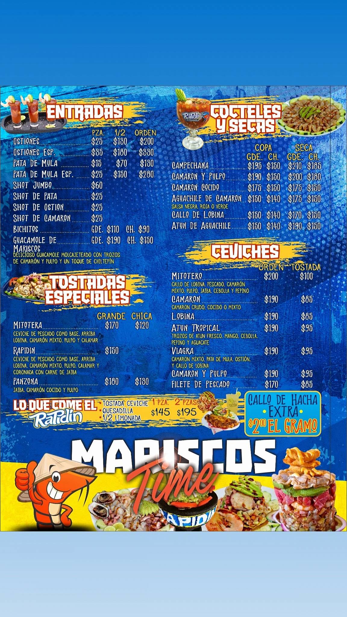 Carta del restaurante Mariscos El Rapidin, Guamúchil