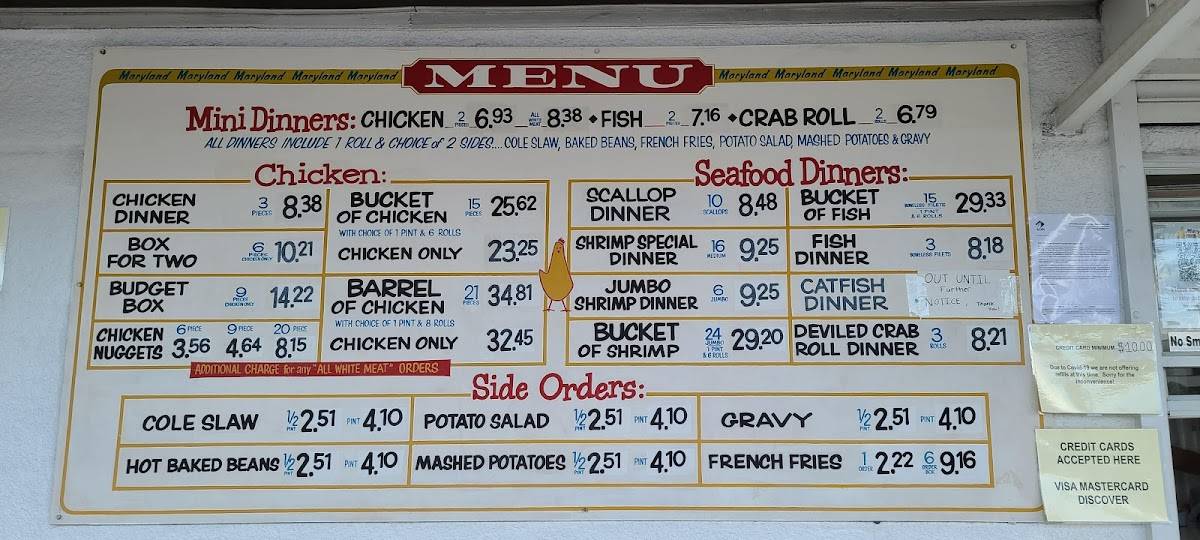 Menu at Maryland Fried Chicken restaurant, Plant City