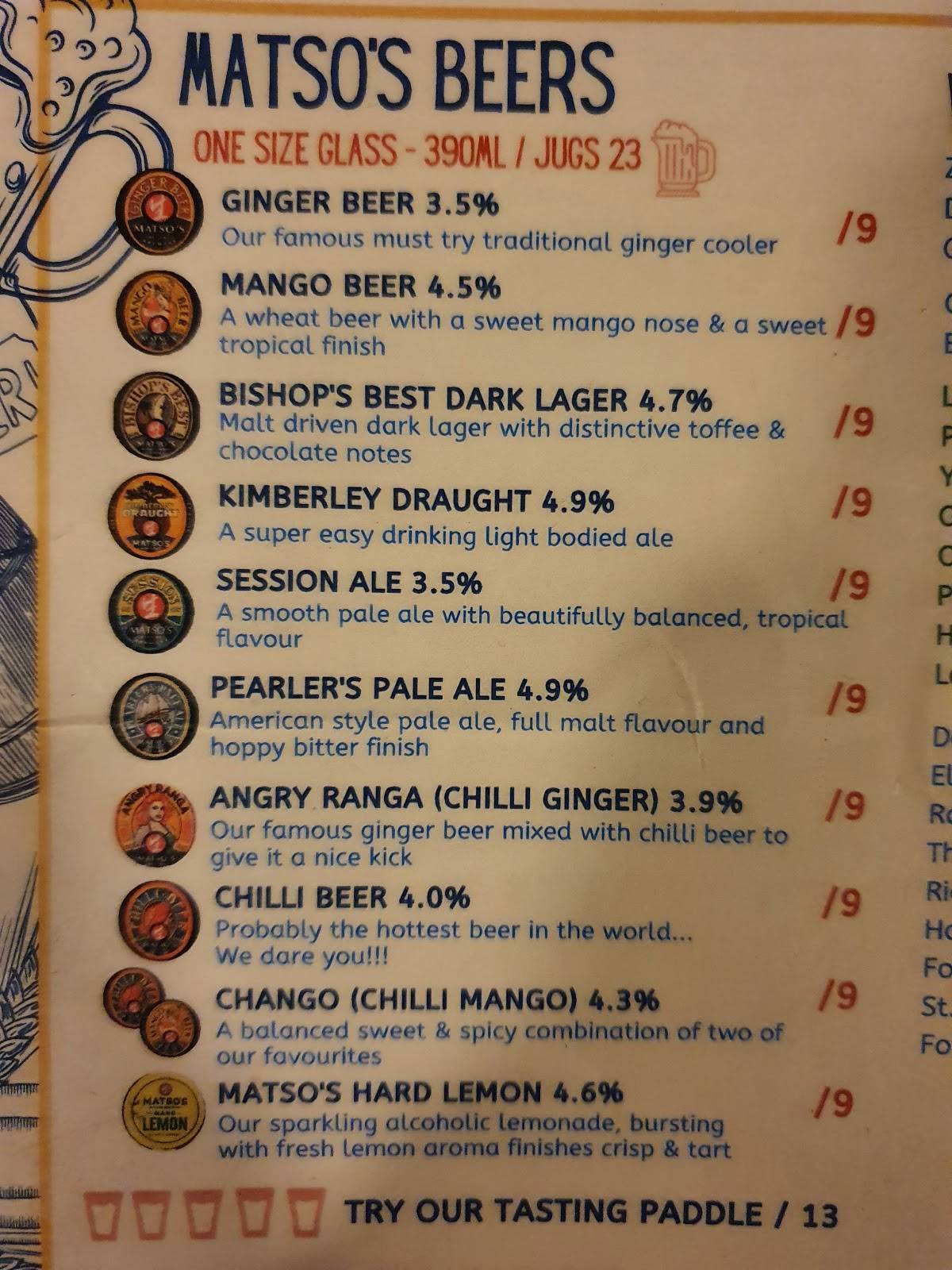 Menu at Matso's Broome Brewery restaurant, Broome, 60 Hamersley St