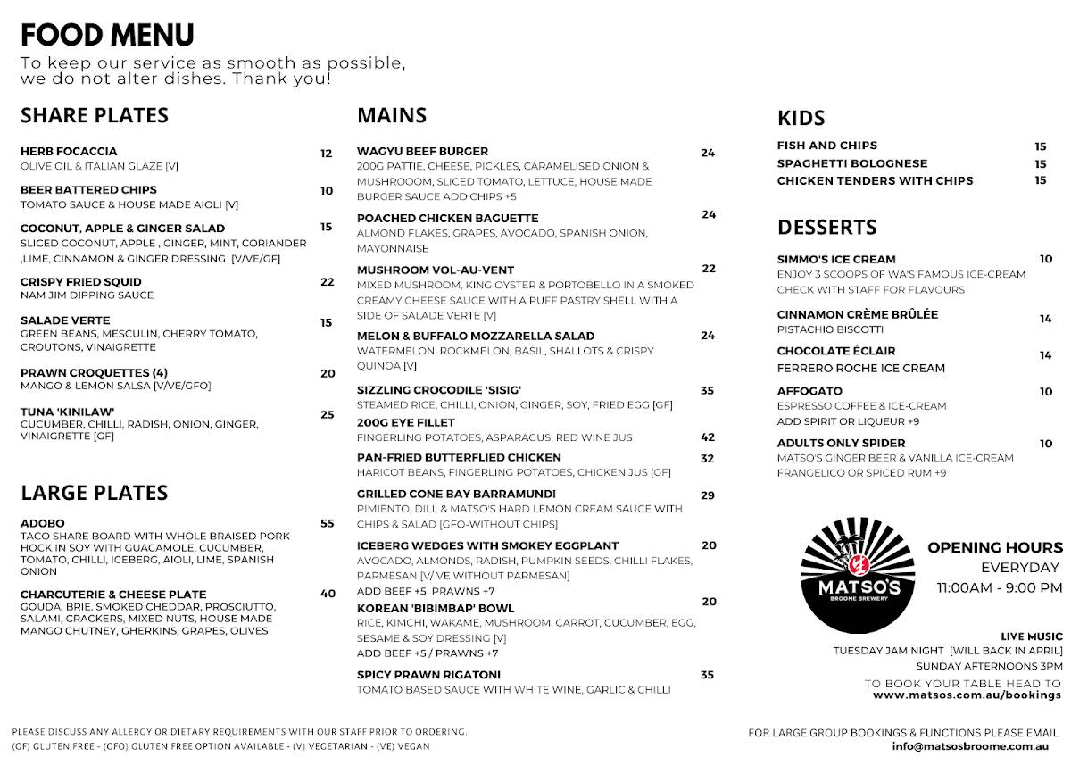 Menu at Matso's Broome Brewery restaurant, Broome, 60 Hamersley St