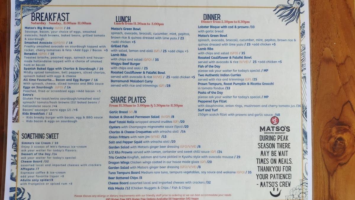 Menu at Matso's Broome Brewery restaurant, Broome, 60 Hamersley St