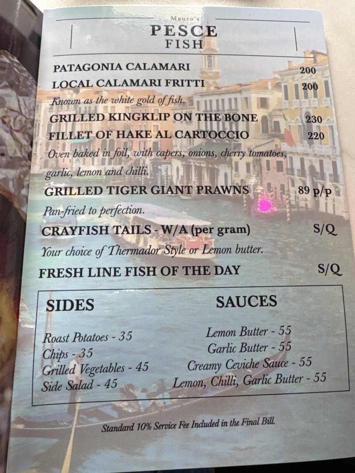 Menu at Mauros Italian Restaurant, Saint Francis Bay