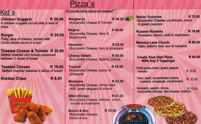 Menu au Memory Lane Cafe, Afrique du Sud