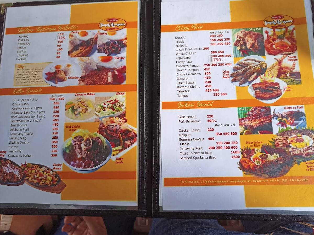 Menu at Mer-Ben Tapsilogan restaurant, Laurel, 53 Emilio Aguinaldo Highway
