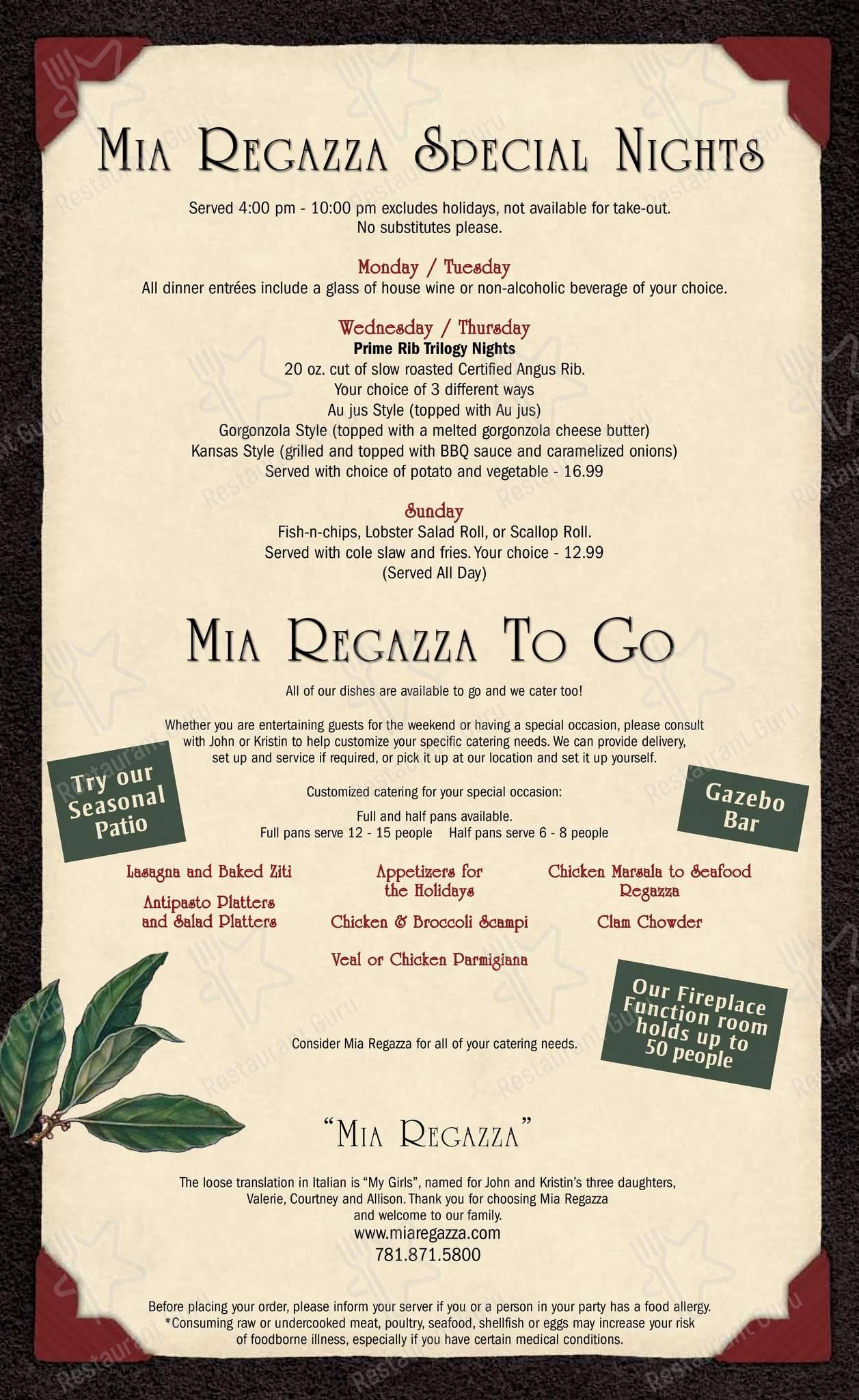 Menu at Mia Regazza restaurant, Abington