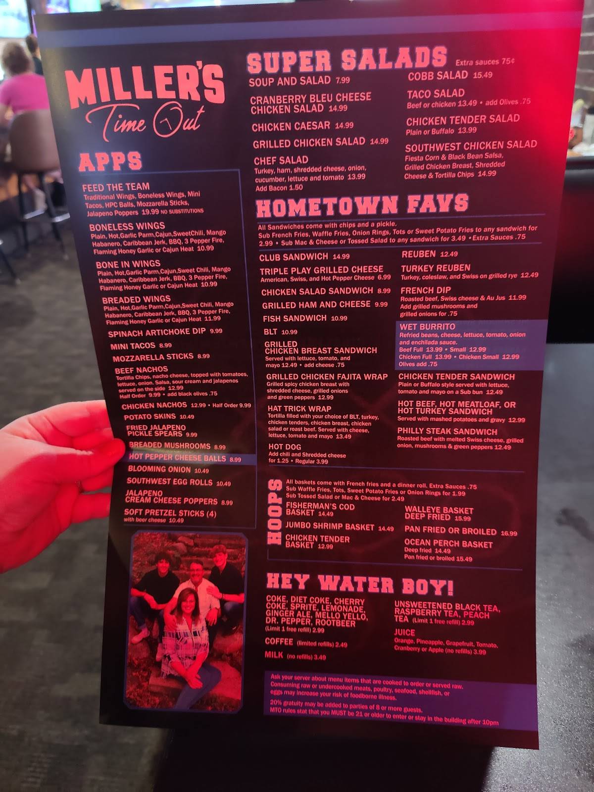 Menu at Miller's Time-Out restaurant, Battle Creek