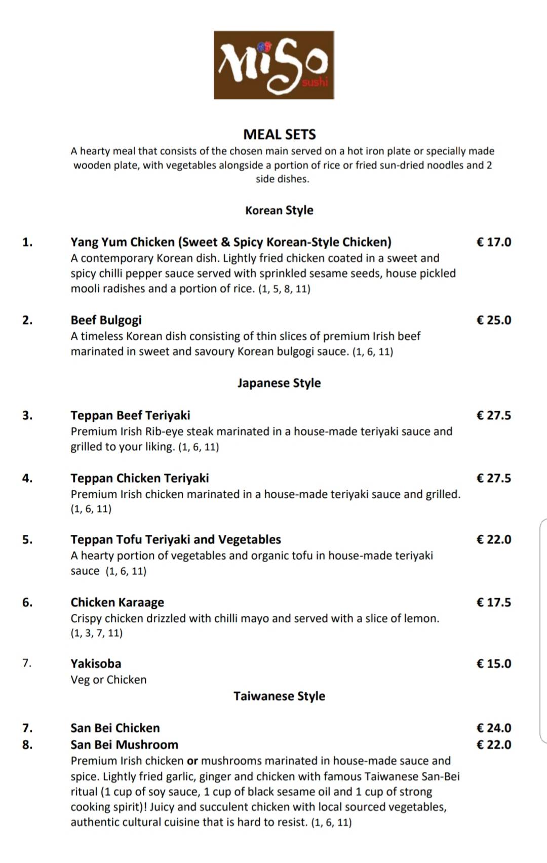 Menu at Miso Izakaya Sligo restaurant, Sligo