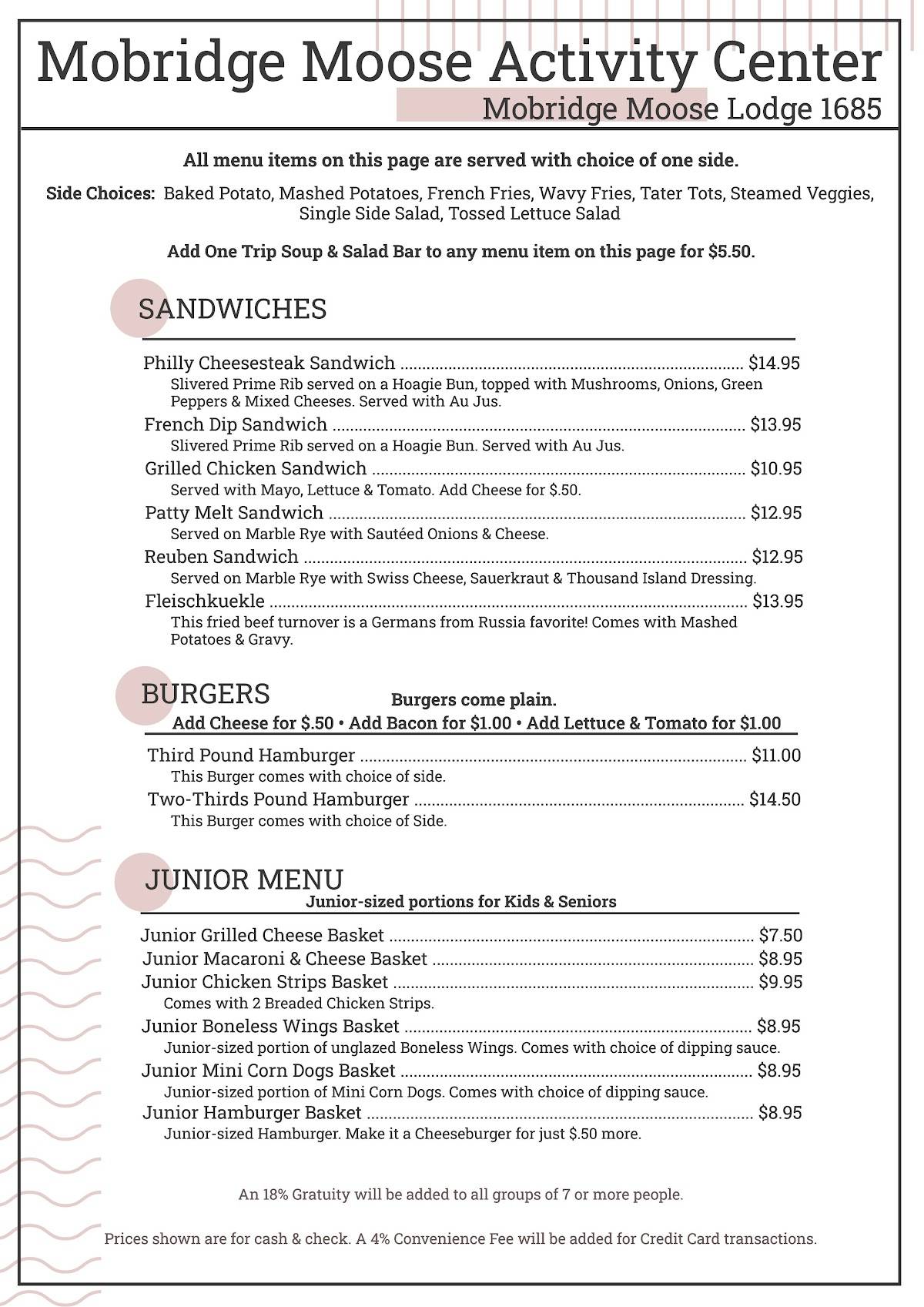 Menu at Mobridge Moose Lodge 1685 restaurant, Mobridge