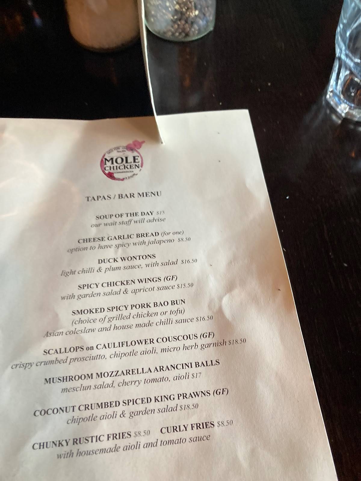 Menu at Mole & Chicken restaurant, Taupo