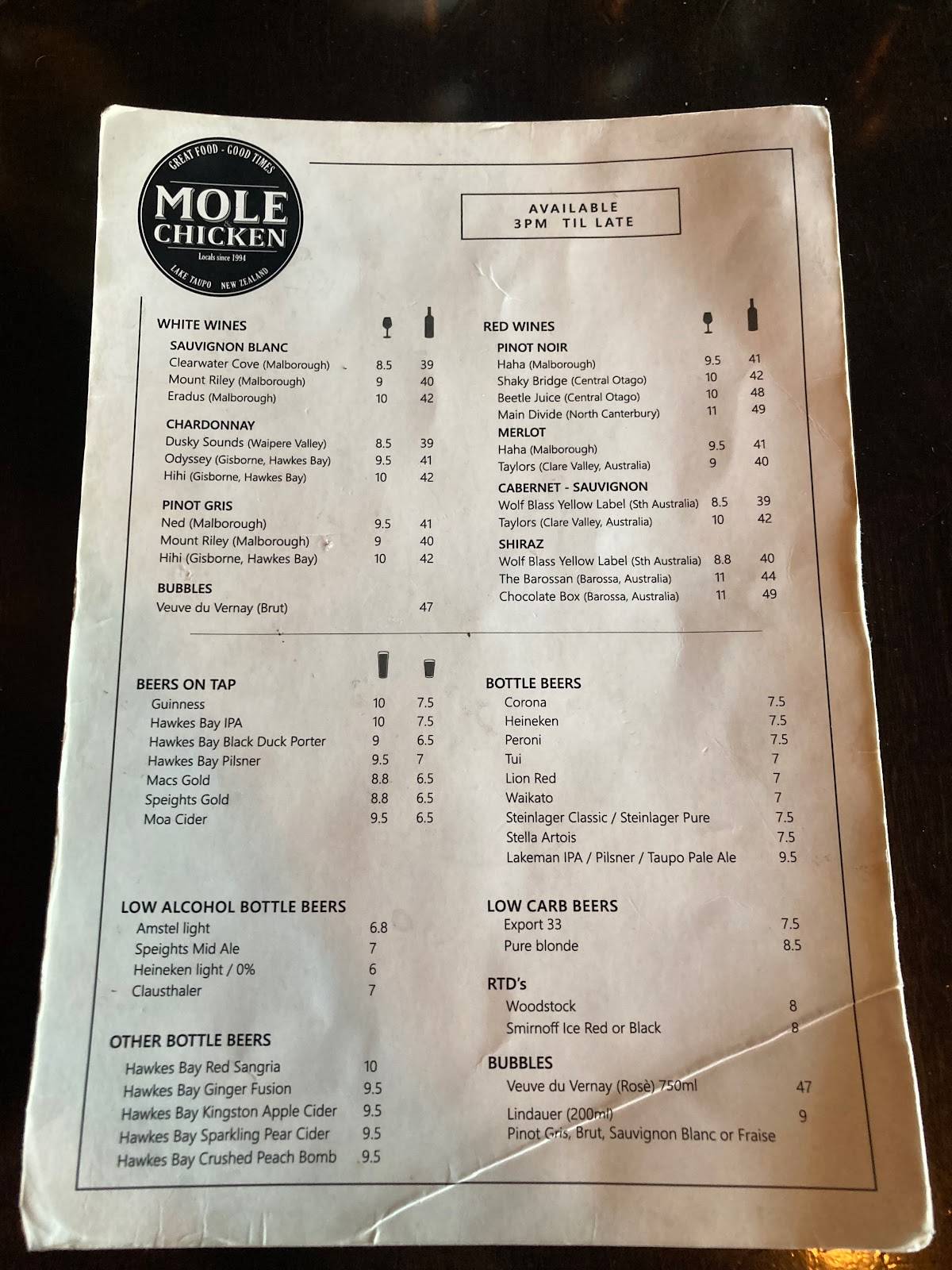Menu at Mole & Chicken restaurant, Taupo