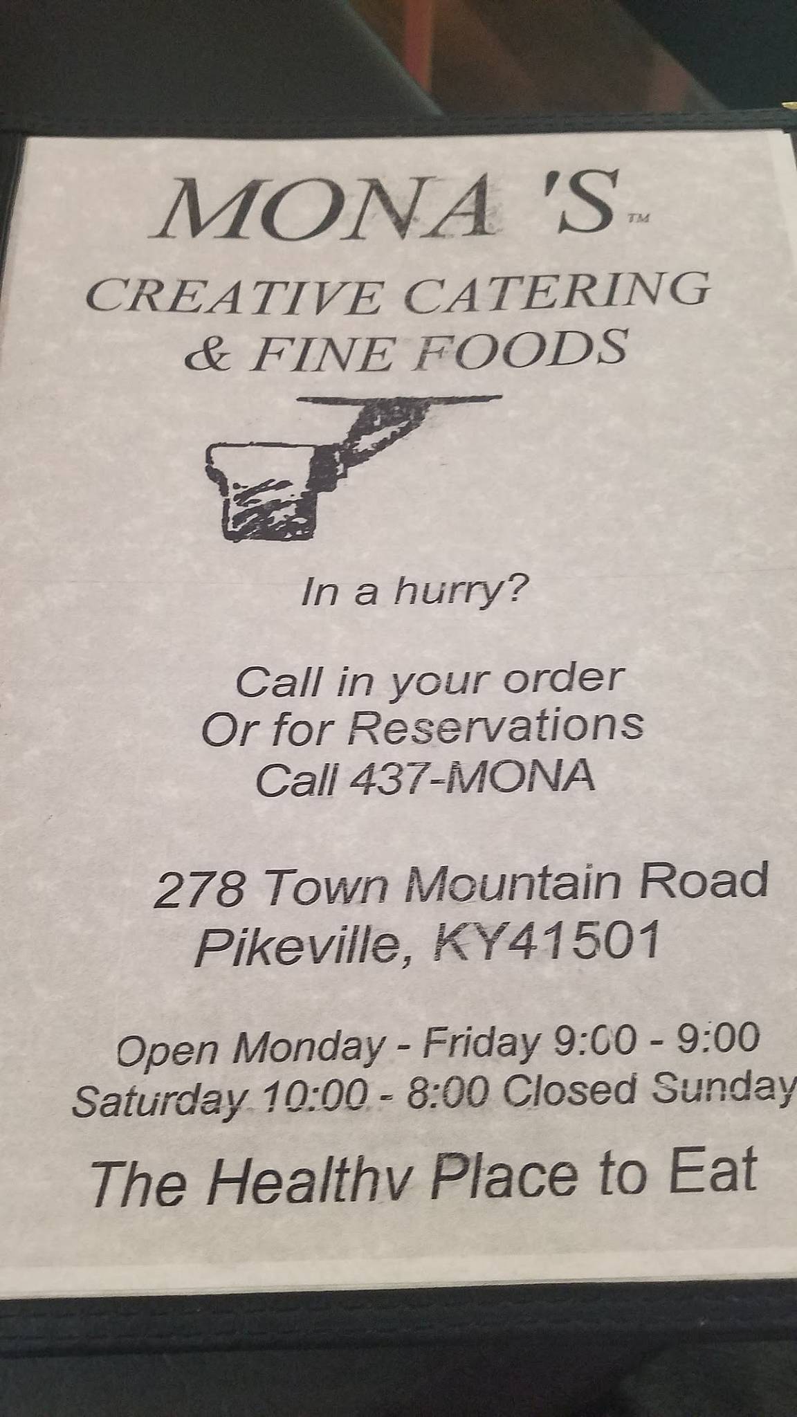 Menu at Mona's Creative Catering and Fine Foods Restaurant, Pikeville