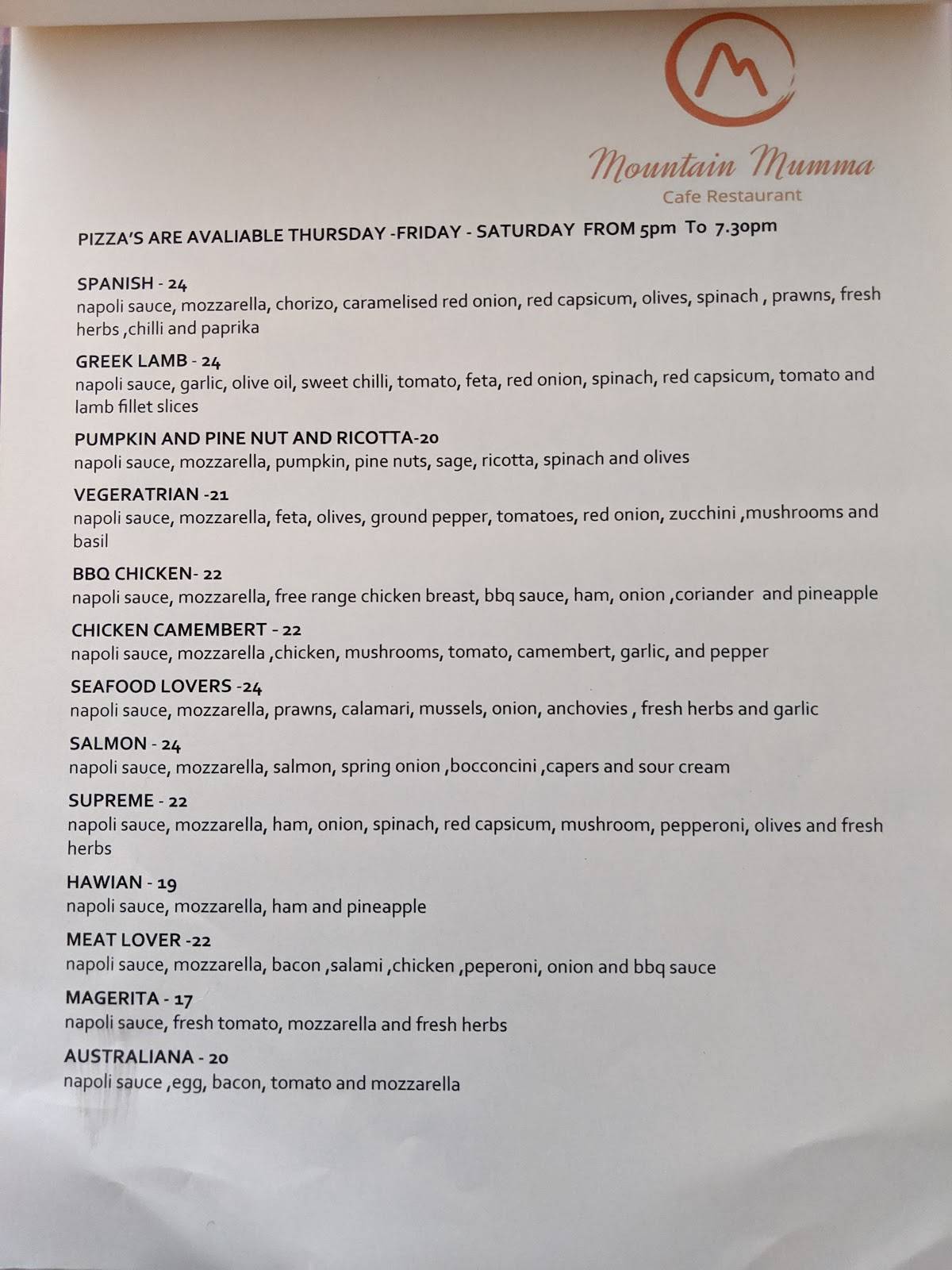Menu at Mountain Mumma restaurant, Sheffield