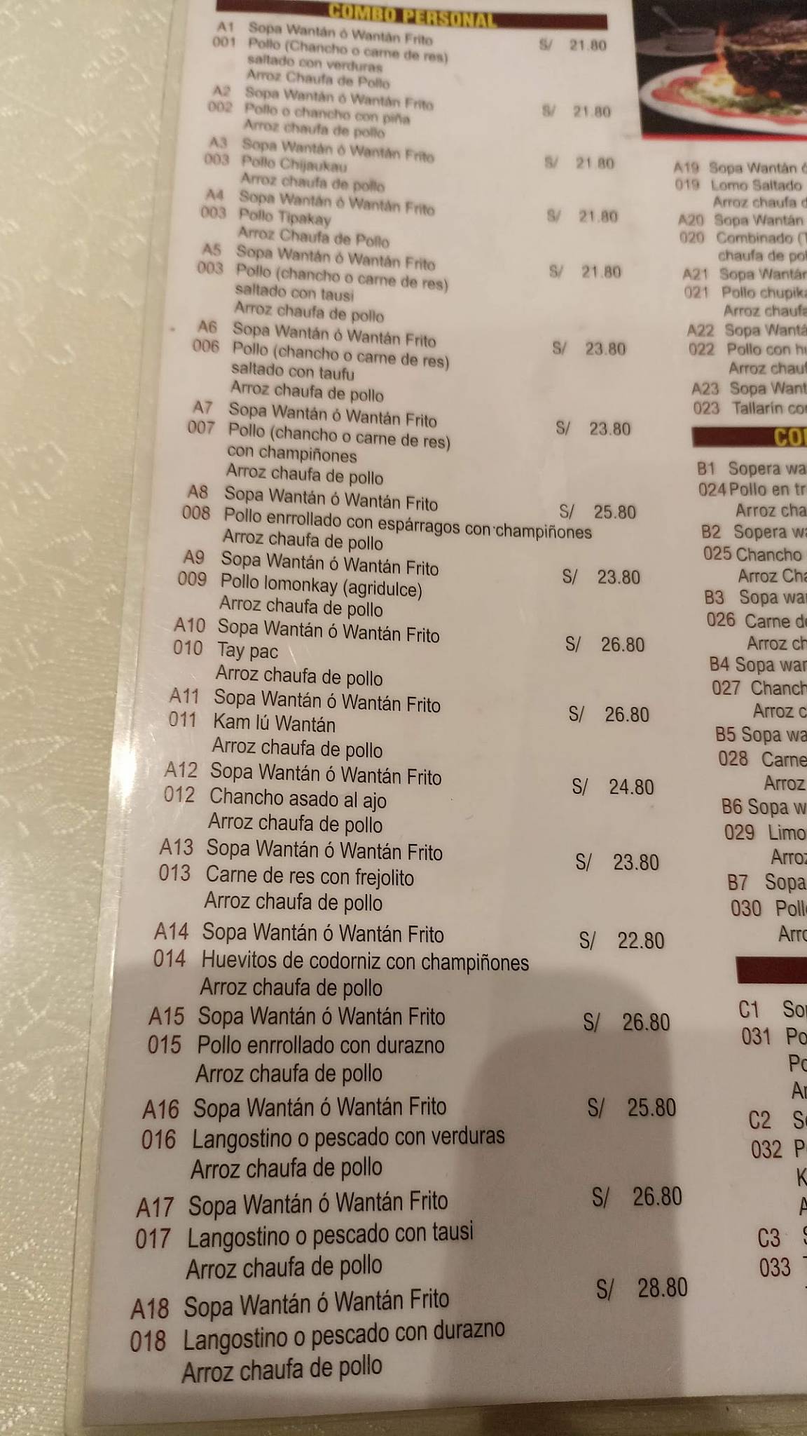 Carta del restaurante Mr. Chino, La Molina, Av. la Fontana