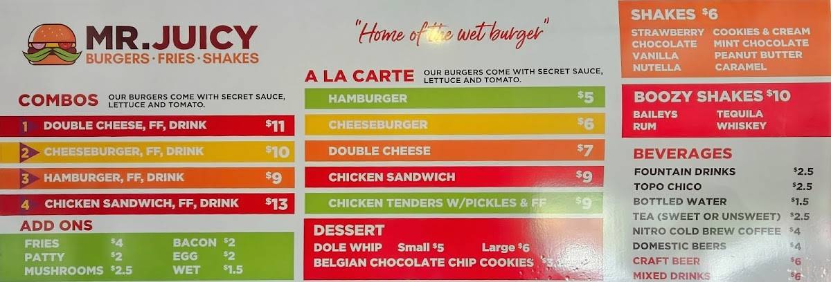 Menu at Mr Juicy restaurant, San Antonio